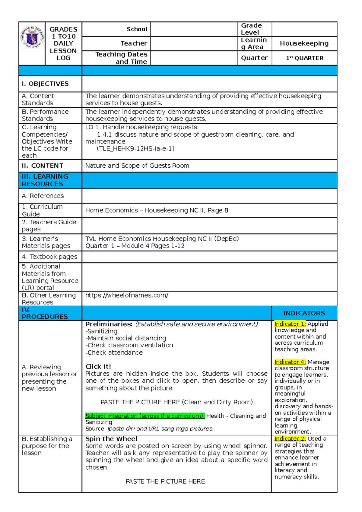 Demo -Housekeeping SHS Q1 - GRADES 1 TO DAILY LESSON LOG School Grade ...