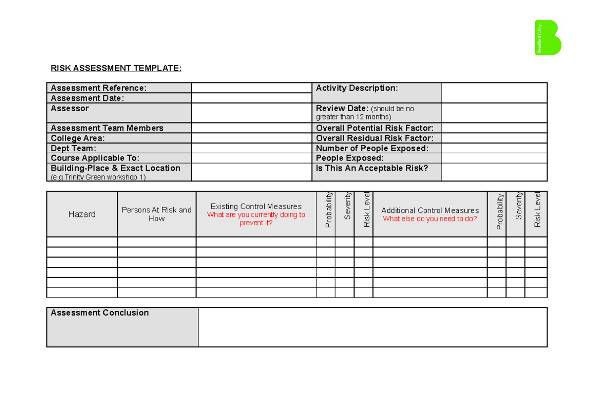 RISK Assessment Template - RISK ASSESSMENT TEMPLATE: Assessment ...