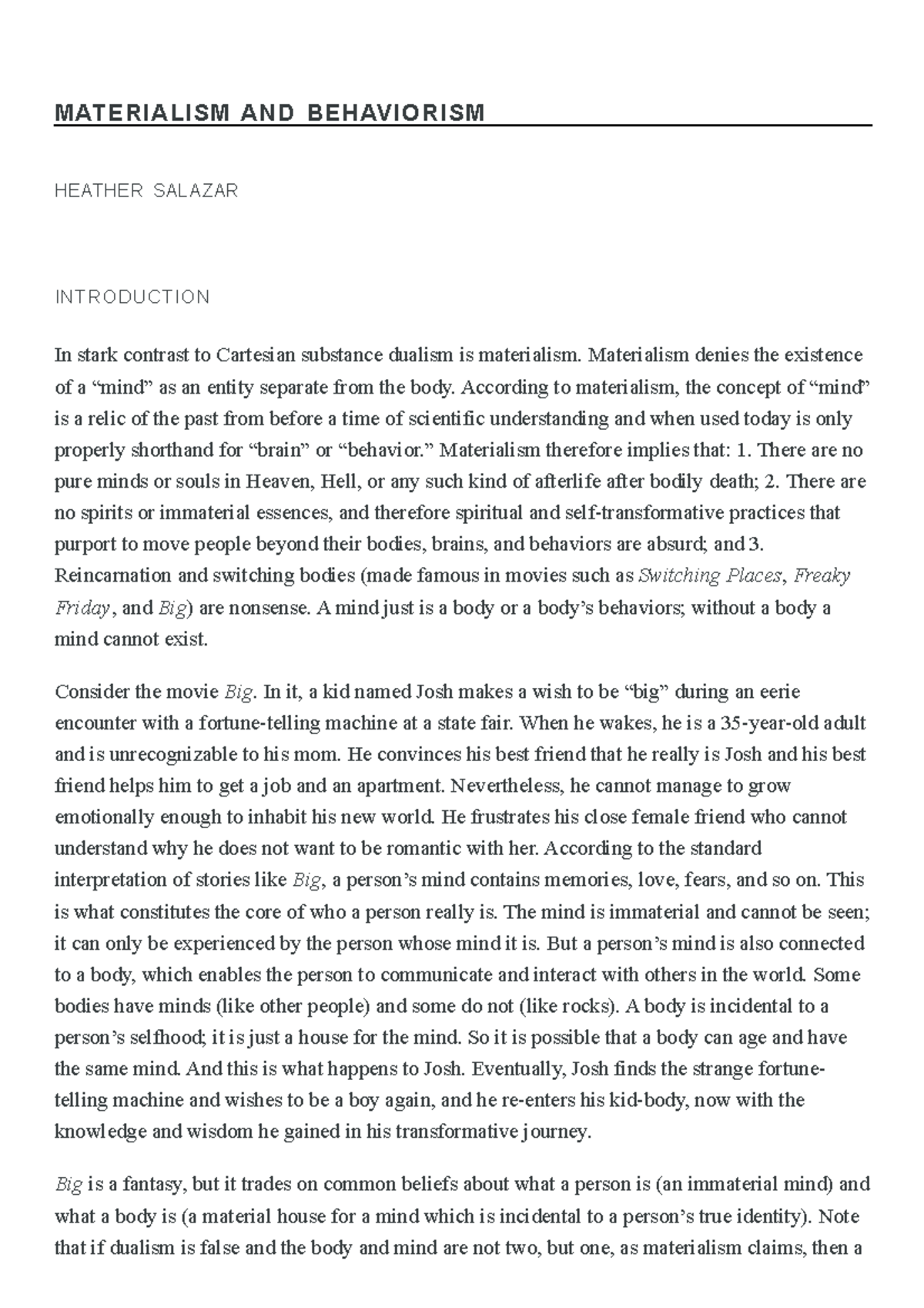 Materialism and Behaviorism (H. Salazar) - MATERIALISM AND BEHAVIORISM HEATHER SALAZAR ...