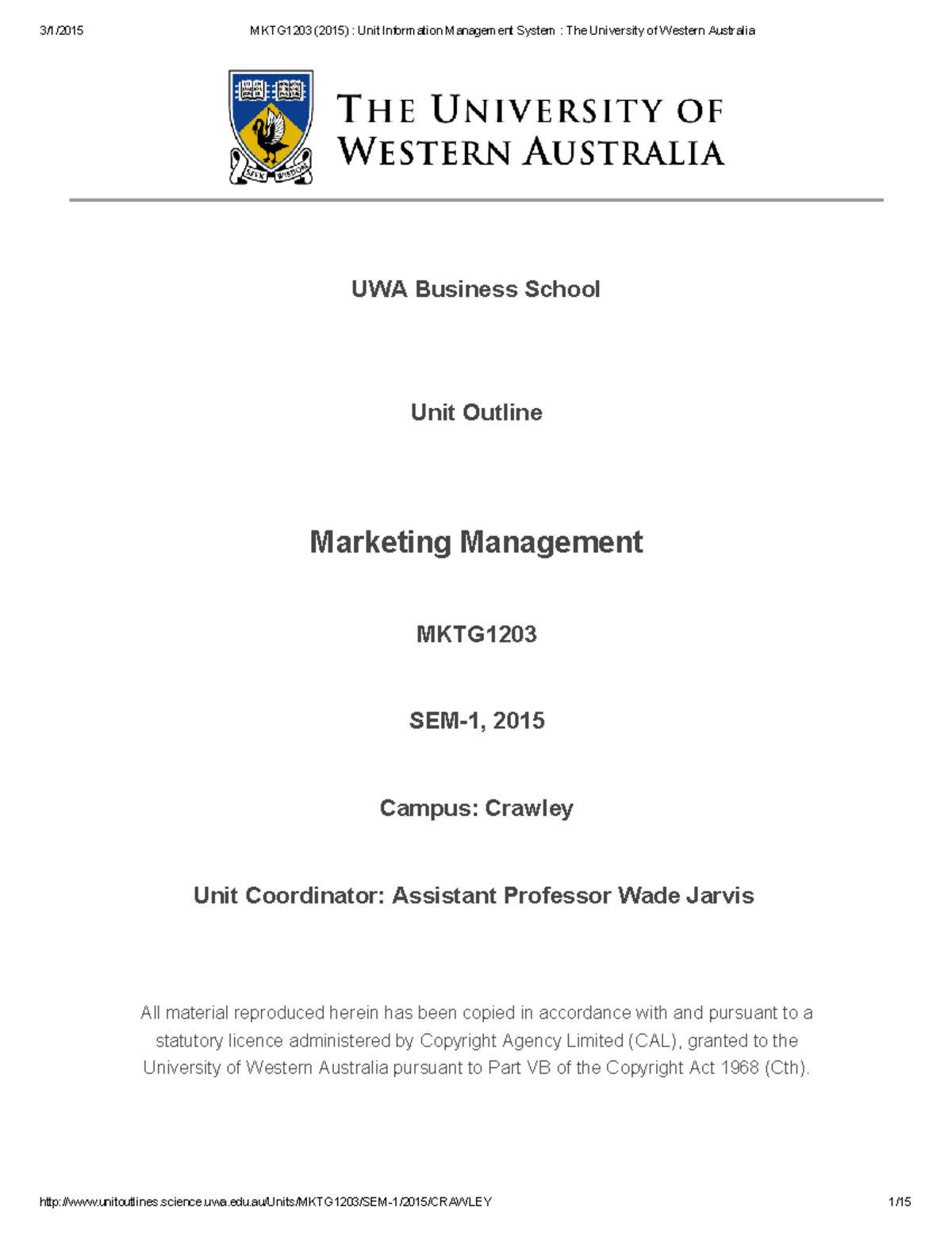 MKTG1203 (2015 ) Unit Outline - UWA Business School Unit Outline ...