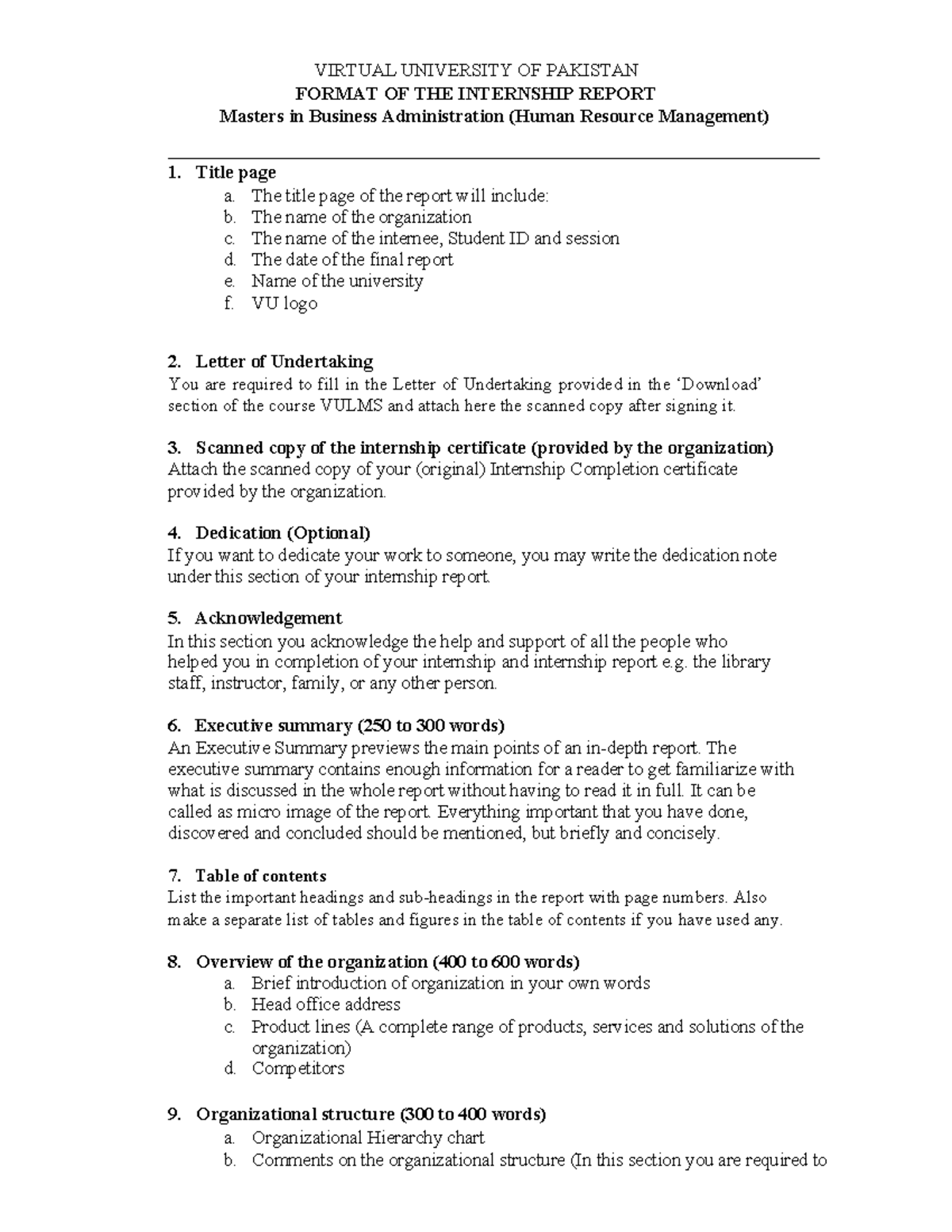 Internship Format HRMI619 - VIRTUAL UNIVERSITY OF PAKISTAN FORMAT OF ...