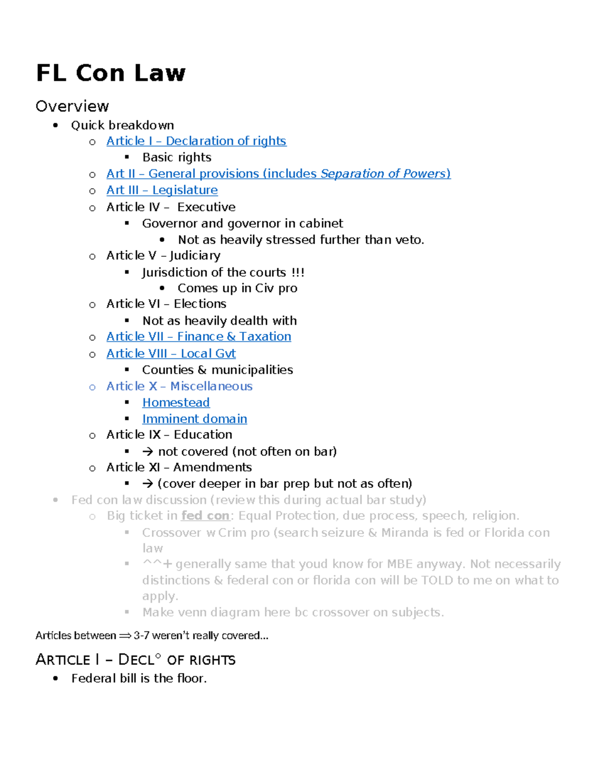 FL Con Final Outline - FL Con Law Overview Quick breakdown o Article I ...