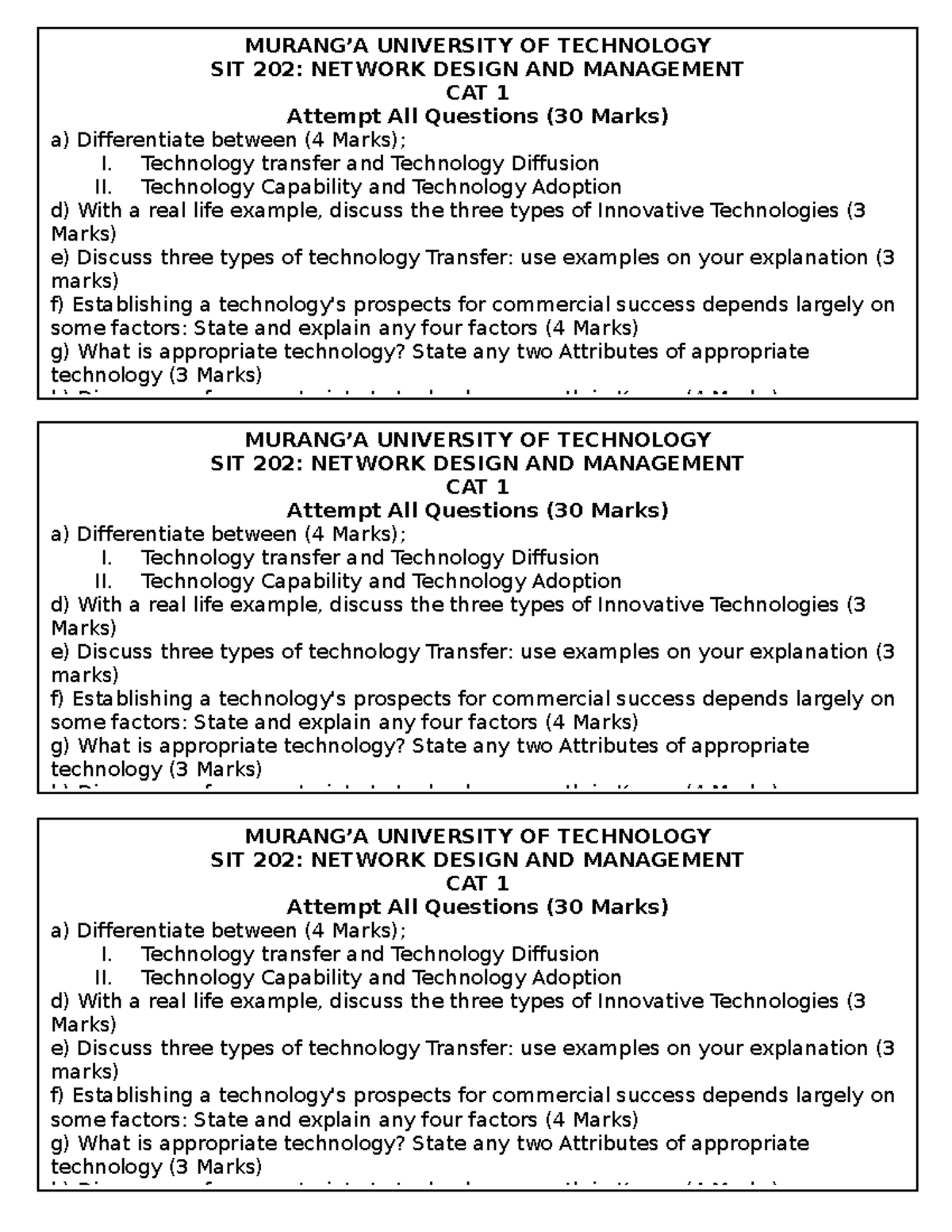 CAT 1 - sdsdsd - MURANG’A UNIVERSITY OF TECHNOLOGY SIT 202: NETWORK DESIGN AND MANAGEMENT CAT 1 ...