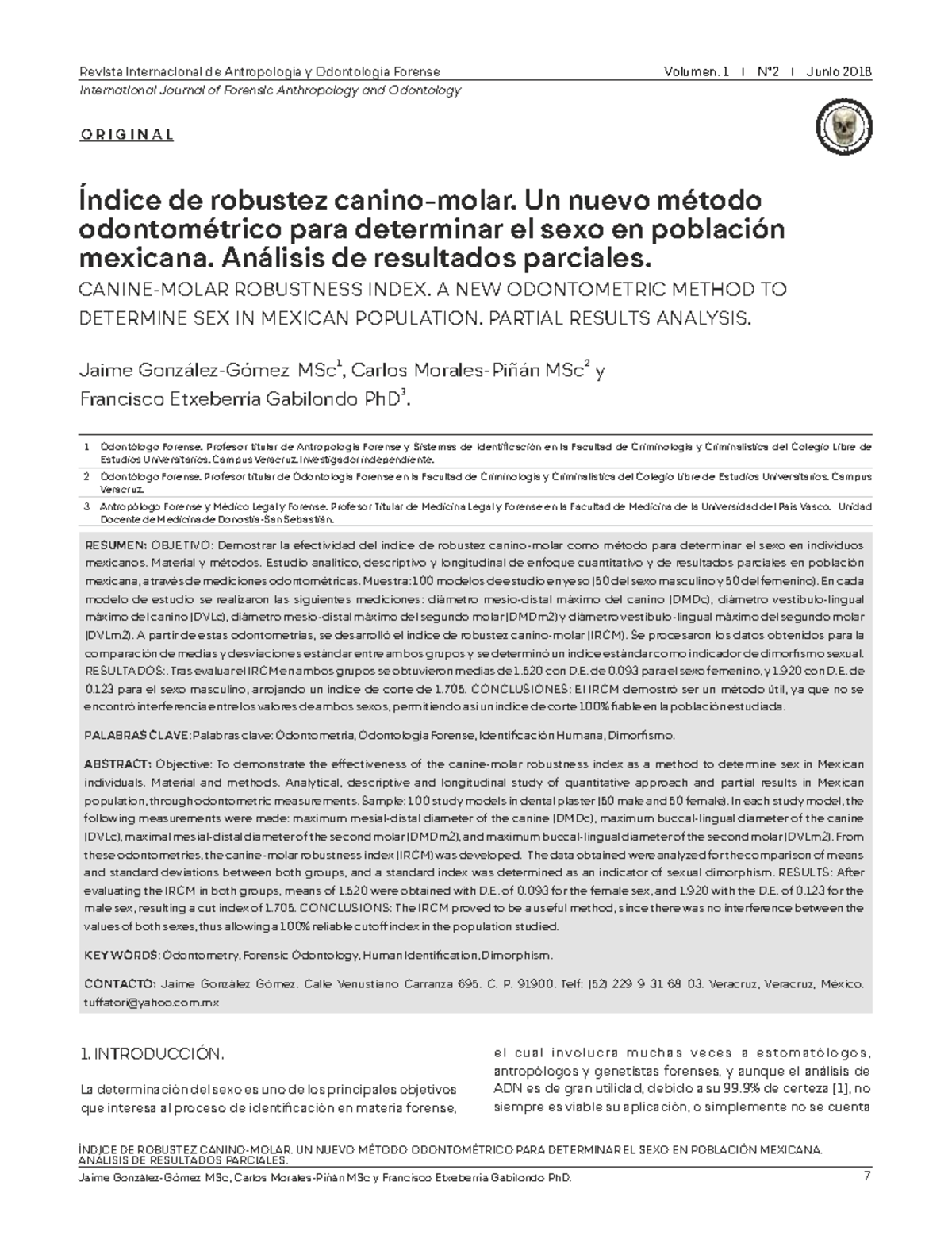 1. Índice DE Robustez Canino- Molar - 7 1. INTRODUCCIÓN. La ...