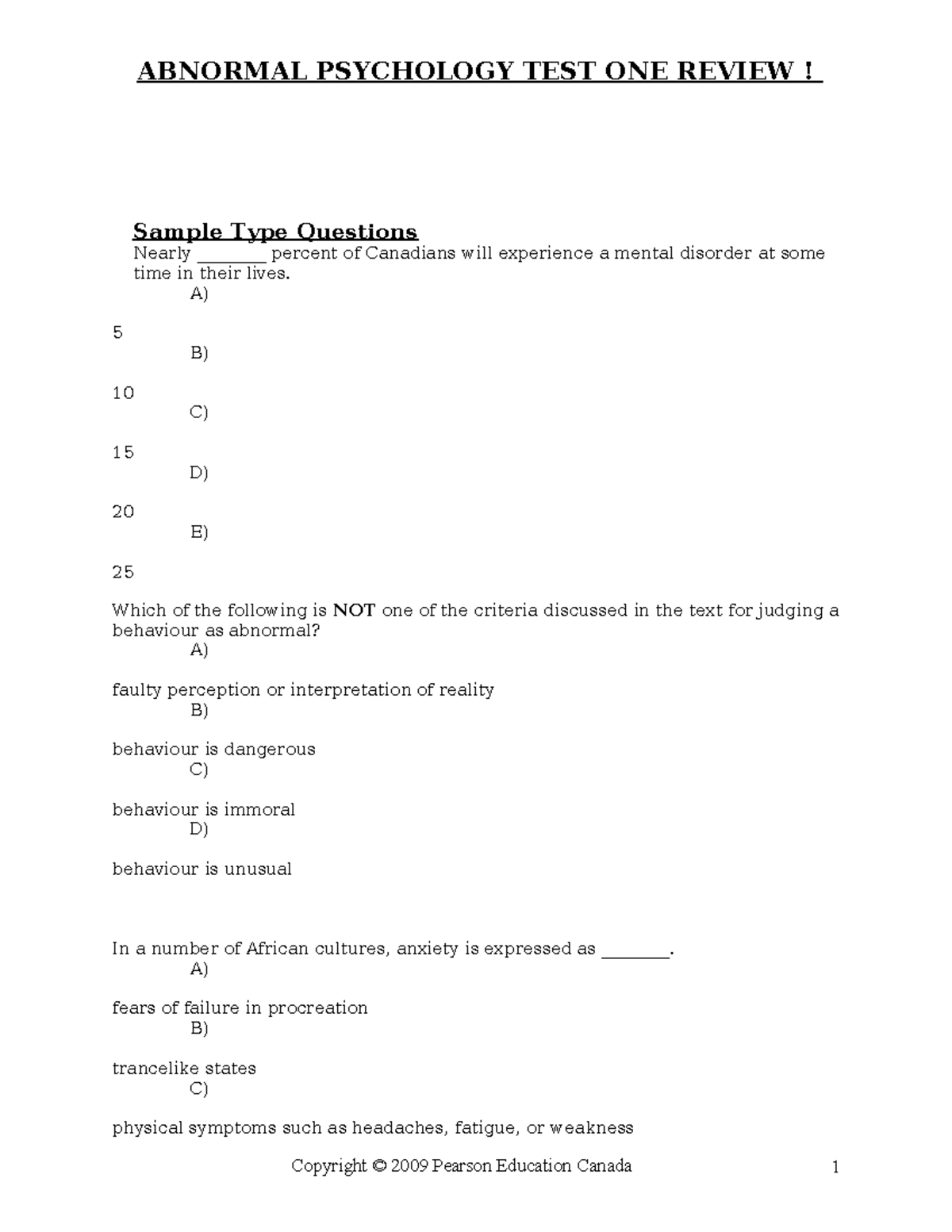 Test One Sample Questions - ABNORMAL PSYCHOLOGY TEST ONE REVIEW! Sample ...