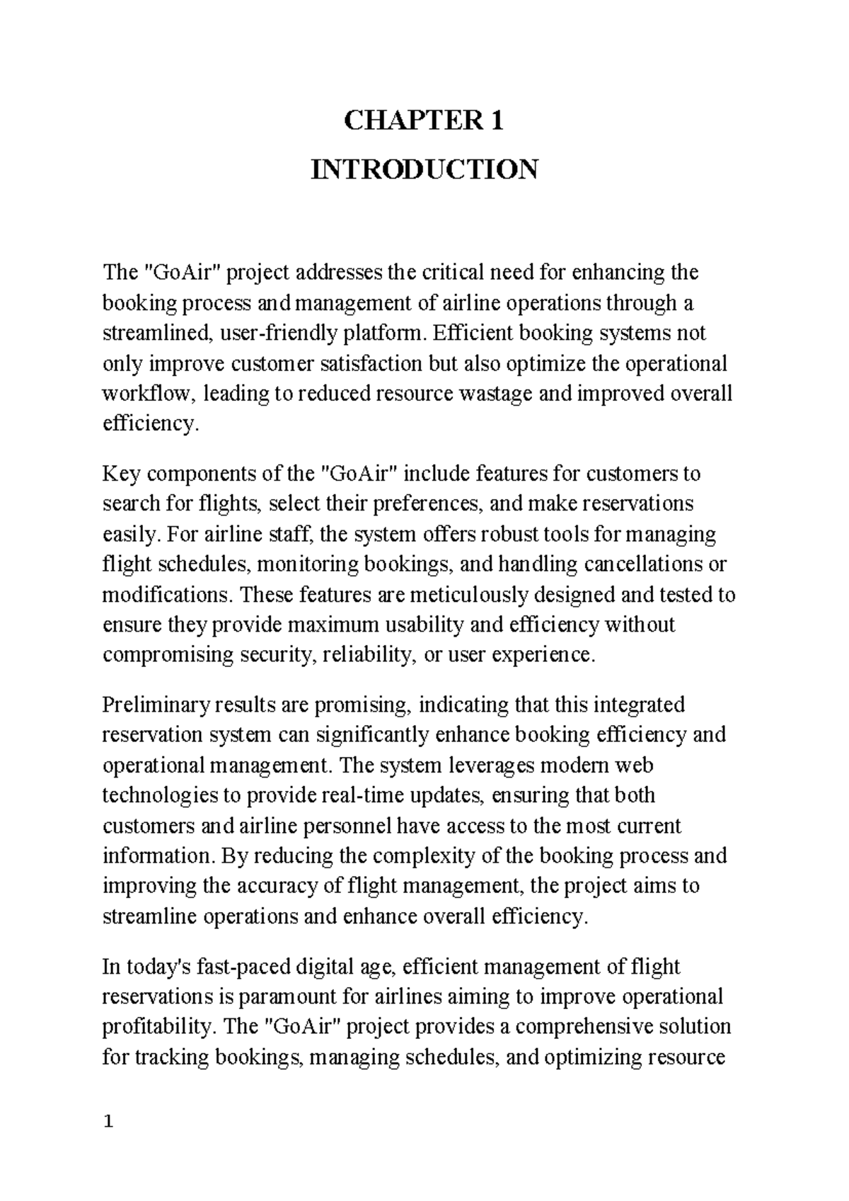 Flight Res Sys Final - Detailed - CHAPTER 1 INTRODUCTION The "GoAir" project addresses the - Studocu