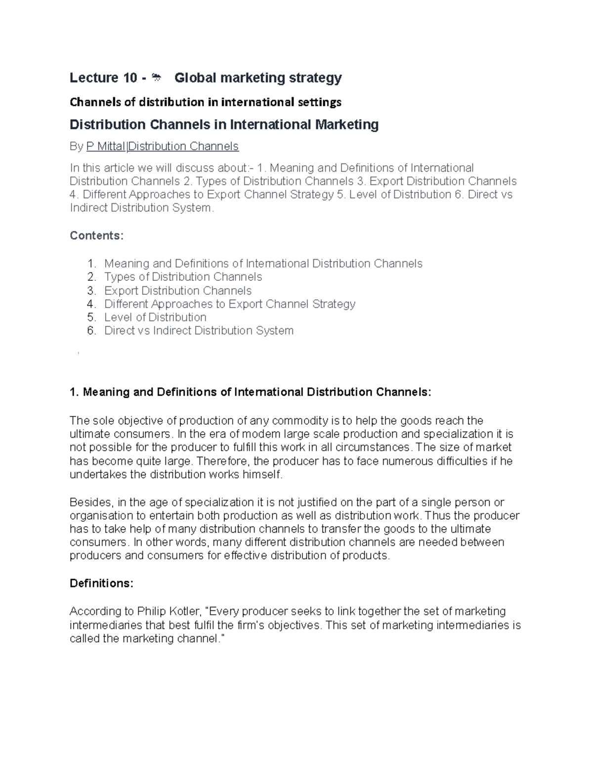 Lecture 10 Channels of distribution in international settings ...