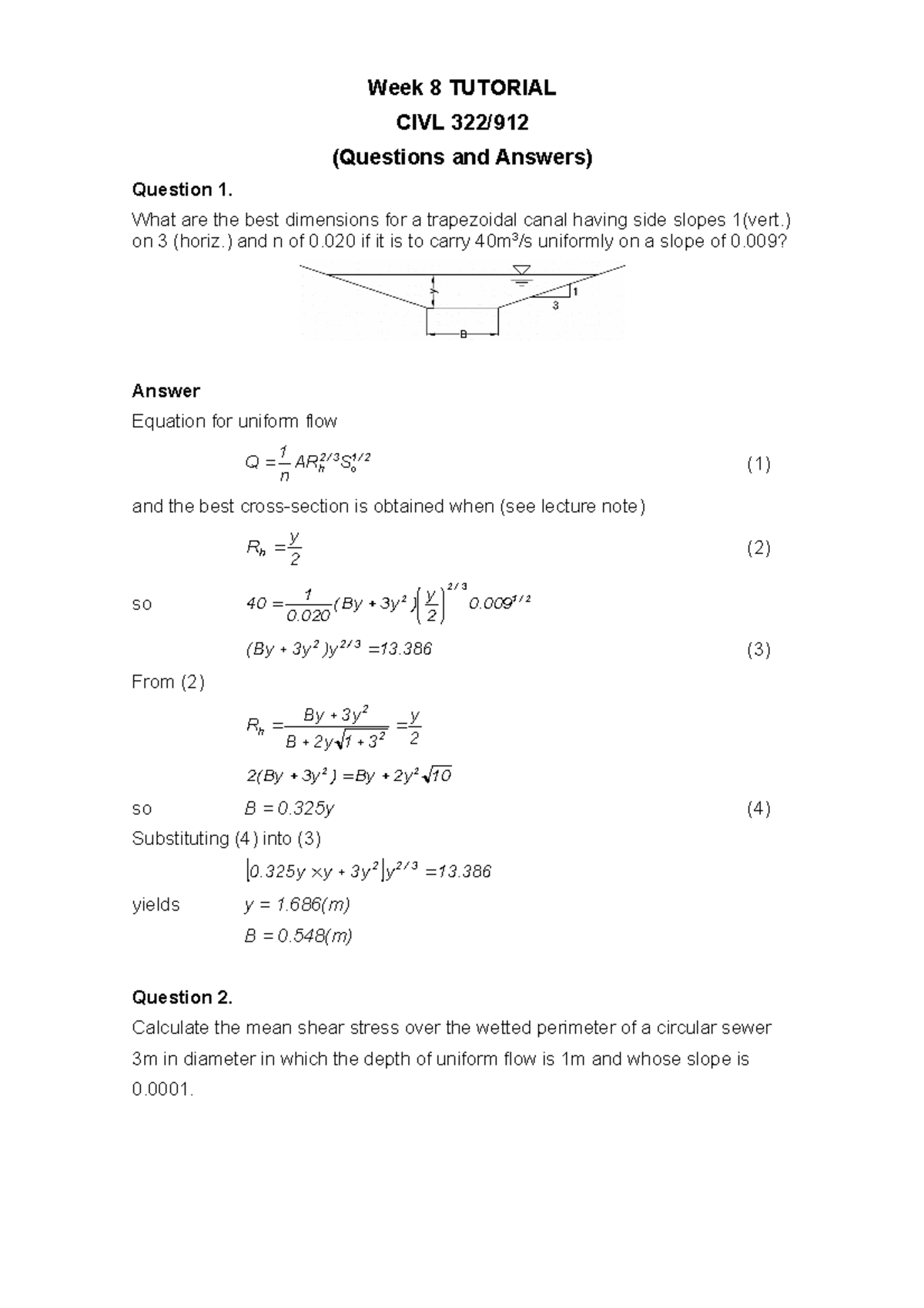 Week 8 Civl322 Tutorial Solution Week 8 Tutorial Civl 322 Questions