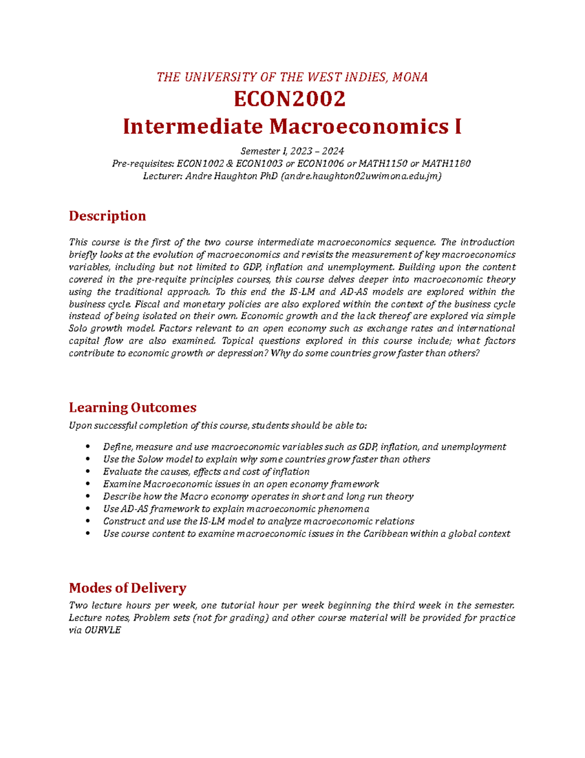 ECON2002 Course Outline 2023 - THE UNIVERSITY OF THE WEST INDIES, MONA ECON Intermediate - Studocu