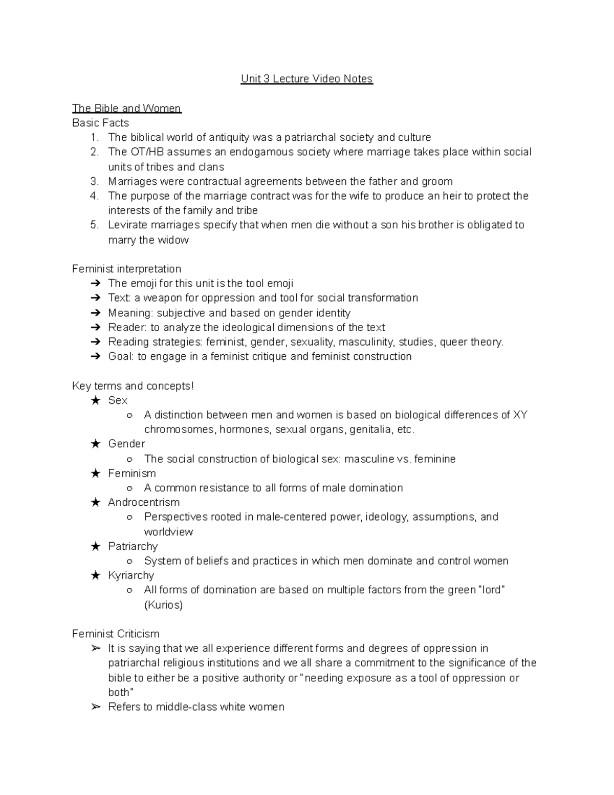 Lecture Notes Unit 3 - Unit 3 Lecture Video Notes The Bible and Women ...