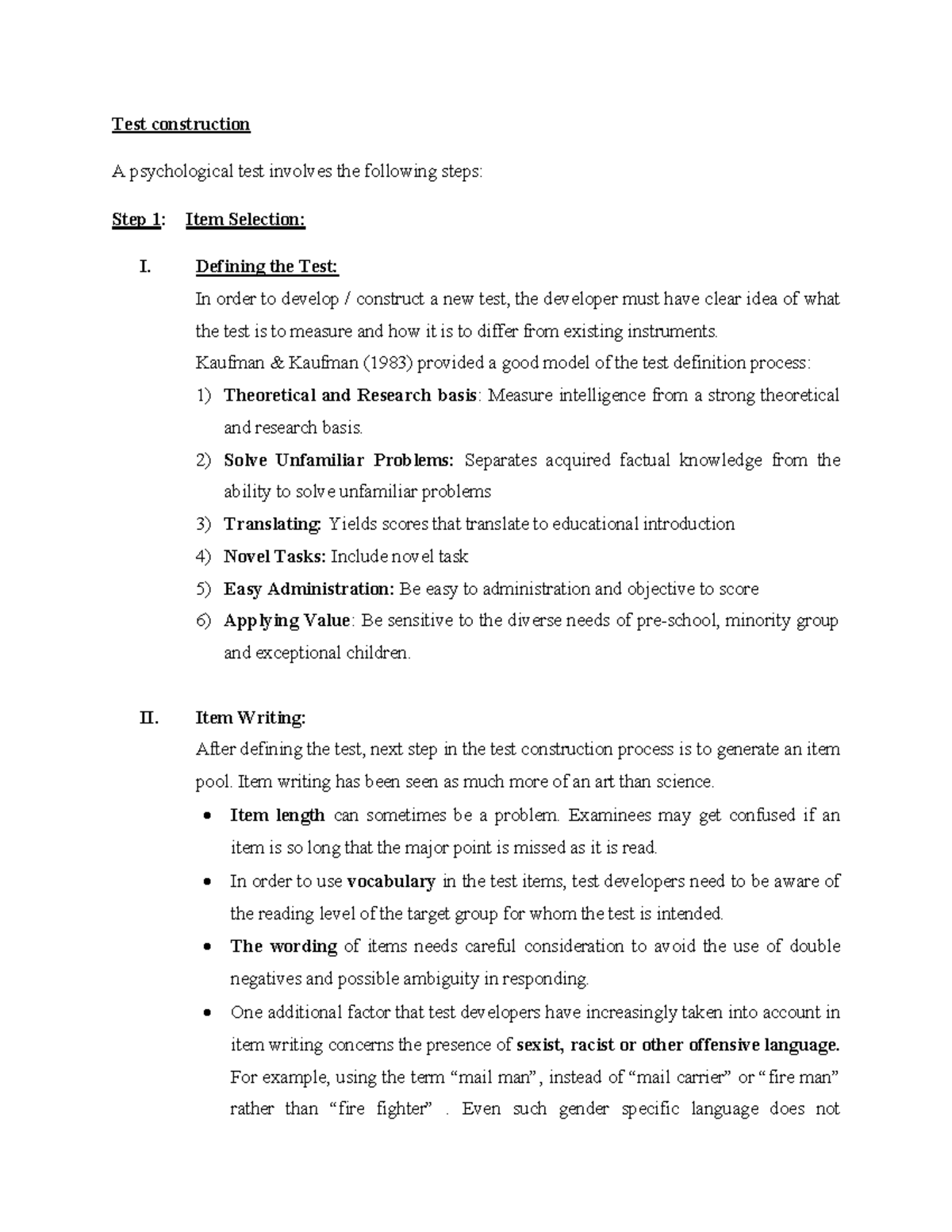 Test construction handouts step 1; Test construction A psychological ...