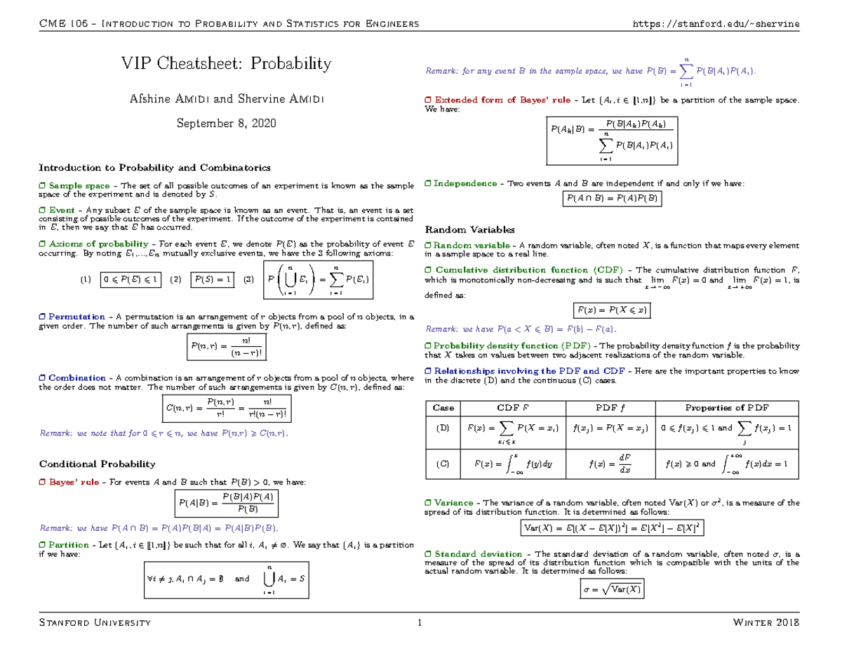 Cheatsheet-probability - CME 106 – Introduction to Probability and ...