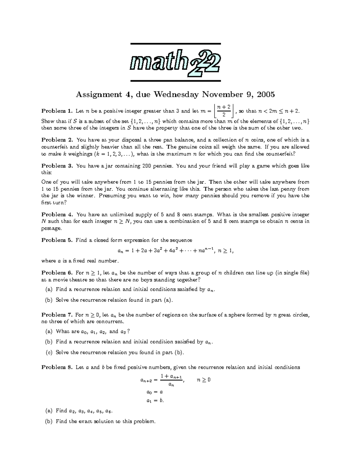Assign 4 - Assignment 4, due Wednesday November 9, 2005 Problem 1 a ...
