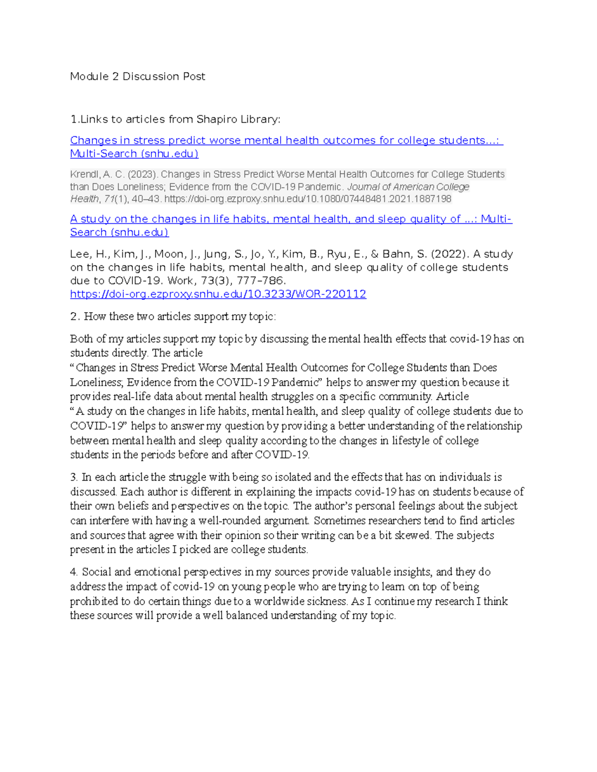 English 190 Module 2 Discussion Post - Module 2 Discussion Post 1 to ...