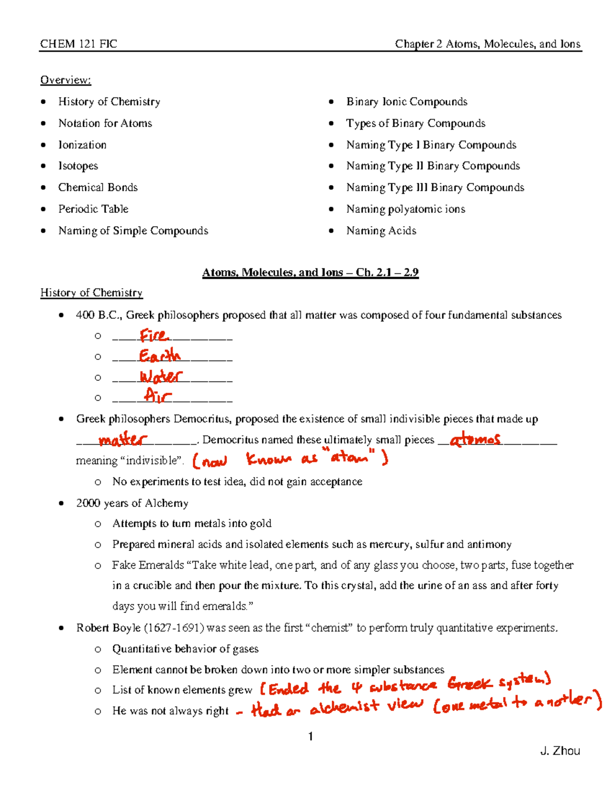 Chapter 2 Atoms, Molecules, and Ions (Complete) 2022-1 - 1 Overview ...