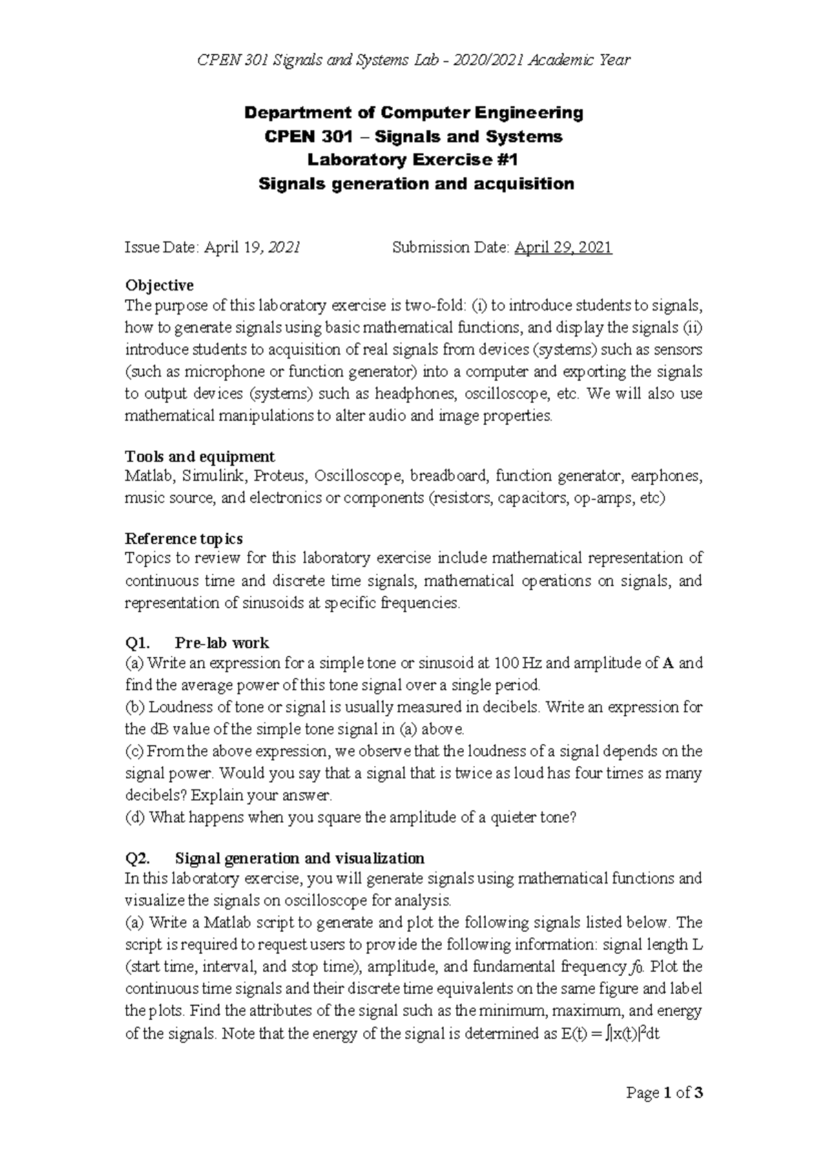 CPEN 301 2020 2021 Lab 1 - DR. Godfrey Mills - CPEN 301 Signals and ...