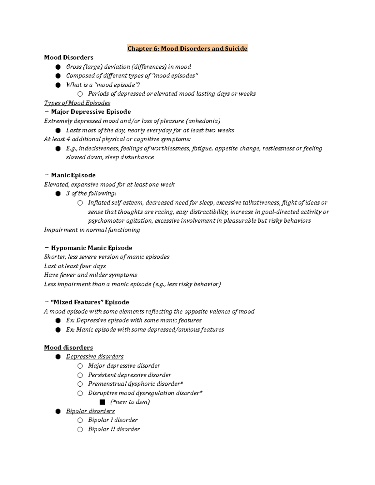 Chapter 6 abnormal psych - Chapter 6: Mood Disorders and Suicide Mood ...