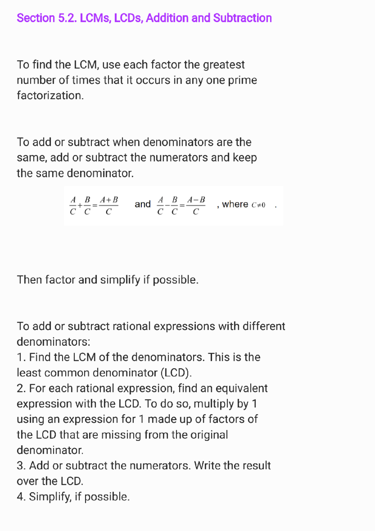 Section 5.2. LCMs, LCDs, Addition and Subtraction - Section 5. LCMs, LCDs, Addition and ...
