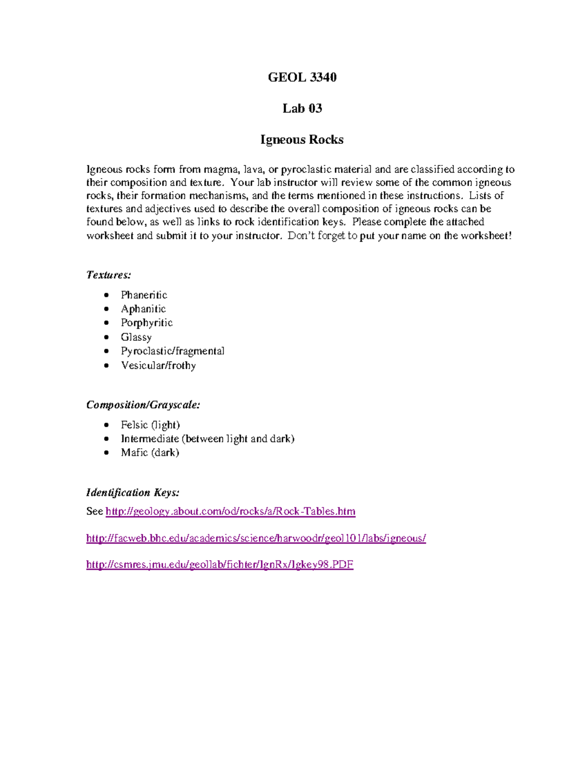 Lab 3 - Igneous Rocks - An introduction to geological concepts and ...