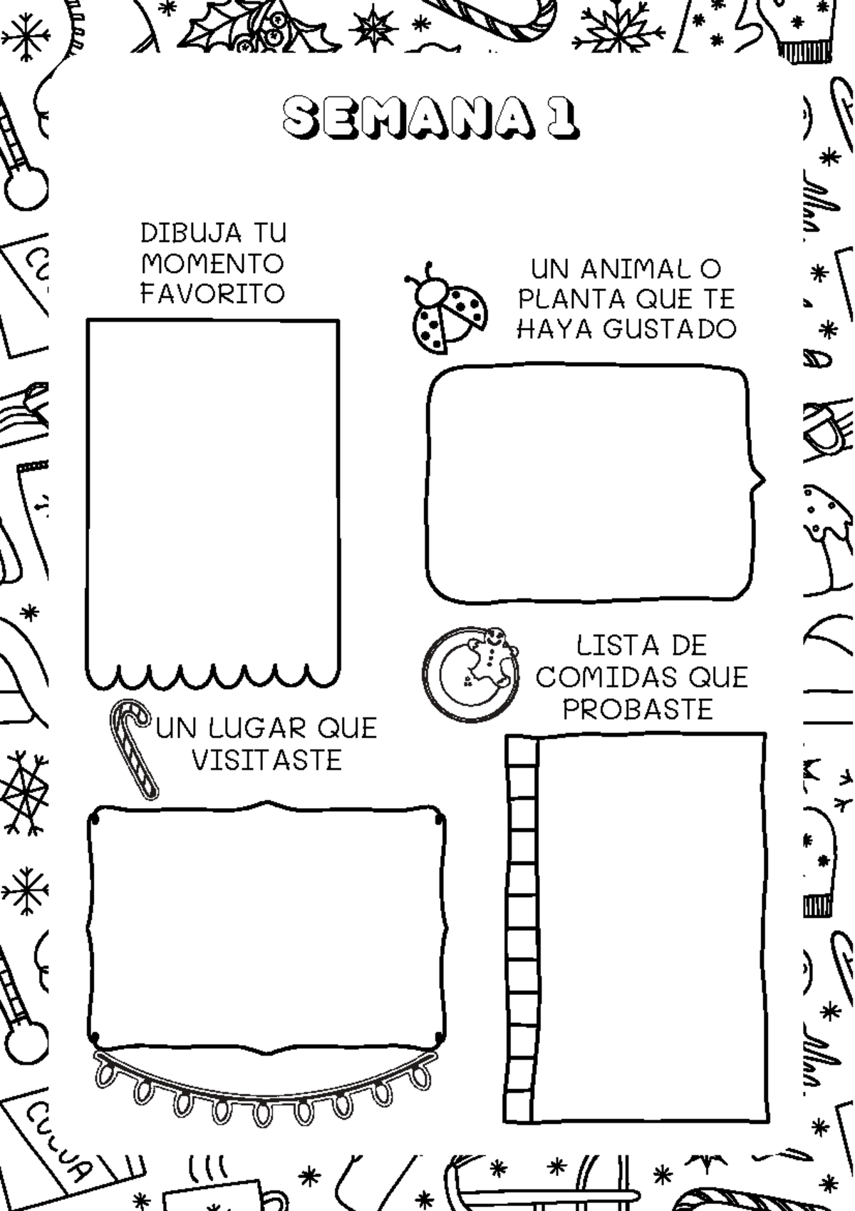 Hoja de trabajo En mis vacaciones de invierno ilustrado blanco y negro ...