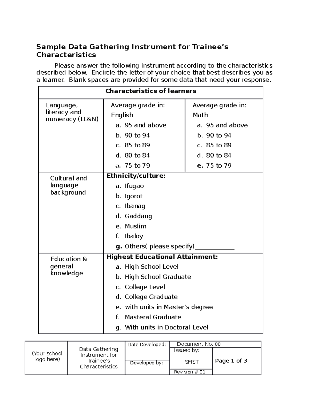 TEmplates Data Gathering Instrument - Sample Data Gathering Instrument ...