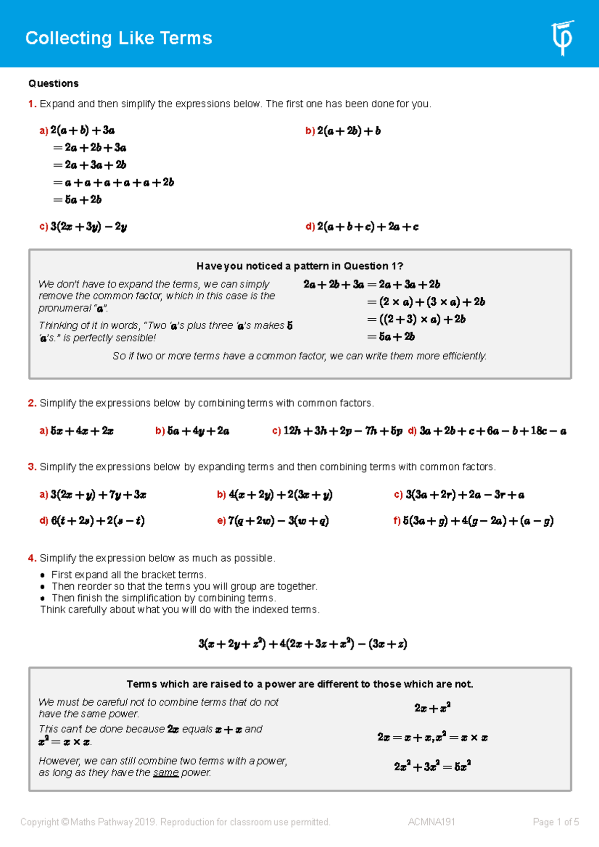 Collecting Like Terms - lol - Questions 1. Expand and then simplify the ...