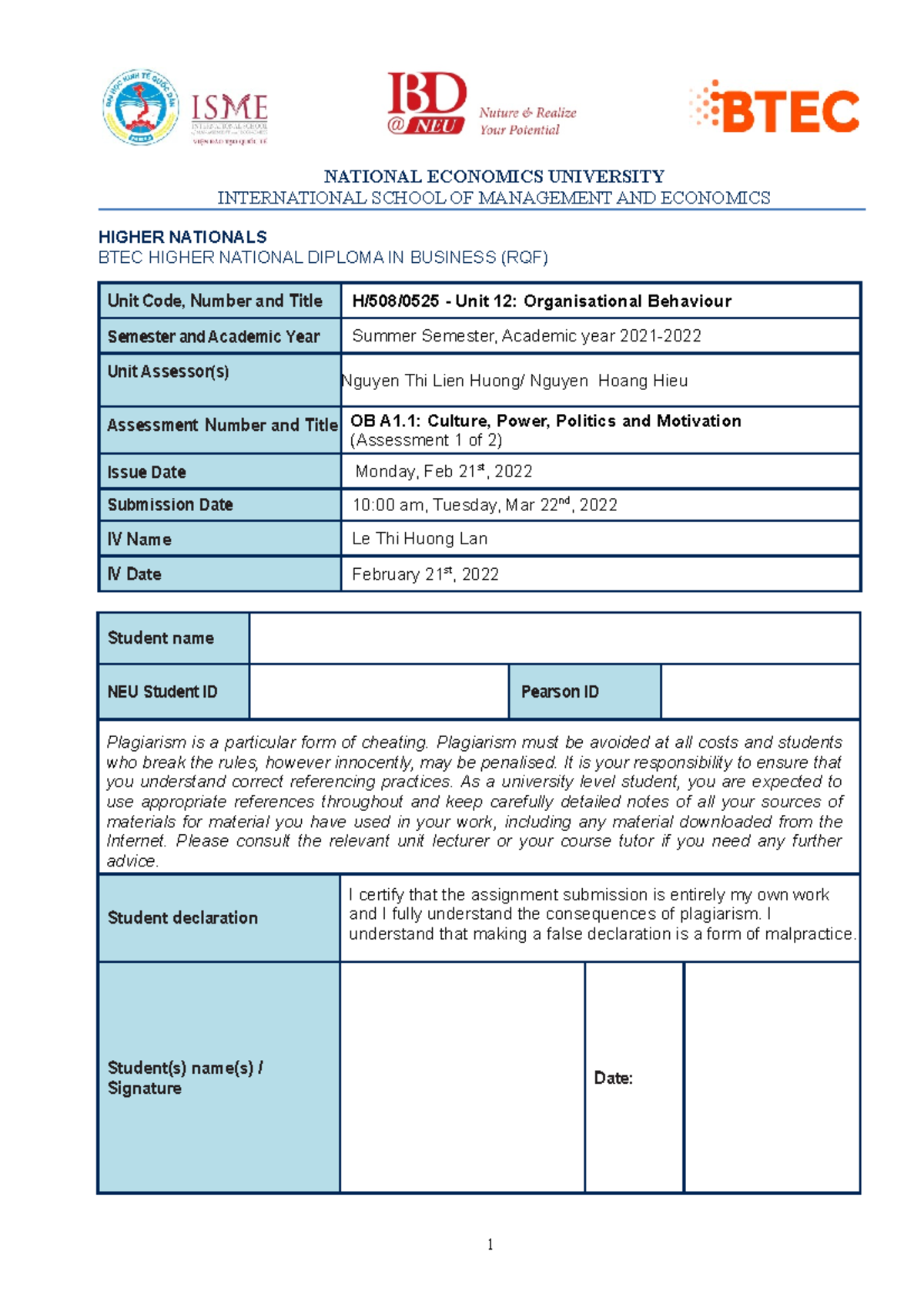 OB A1.1 2021-2022 Sem2 PTTA - NATIONAL ECONOMICS UNIVERSITY ...