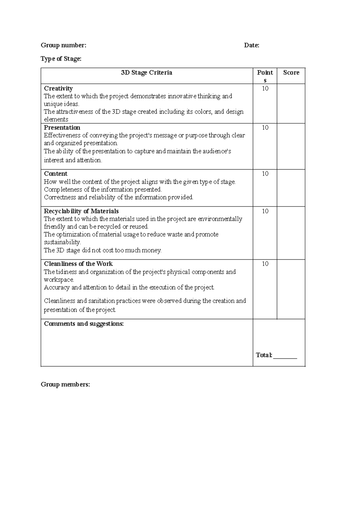 3D Stage Criteria - Group number: Date: Type of Stage: 3D Stage ...