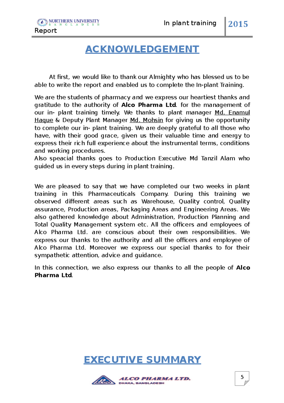 In Plant Training Report On Alco Pharma - Report 2015 ACKNOWLEDGEMENT ...