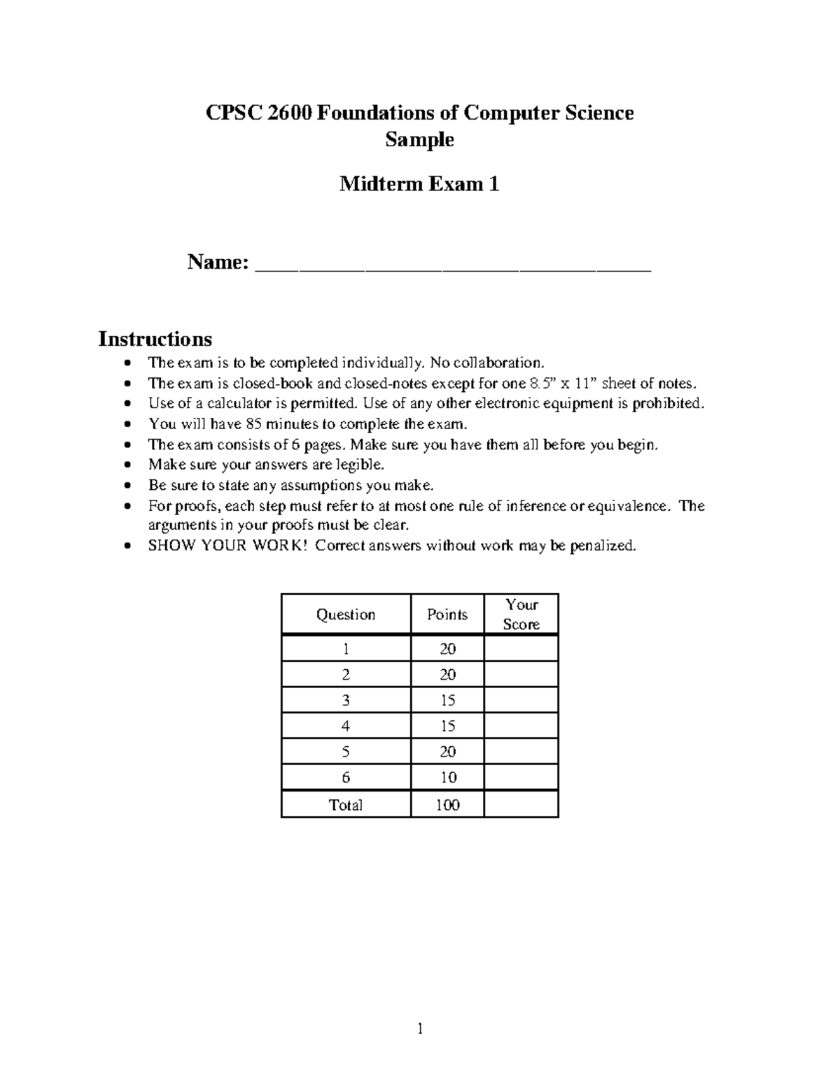 Cpsc2600 Sample Exam 1 - CPSC 2600 Foundations of Computer Science Sample Midterm Exam 1 Name ...