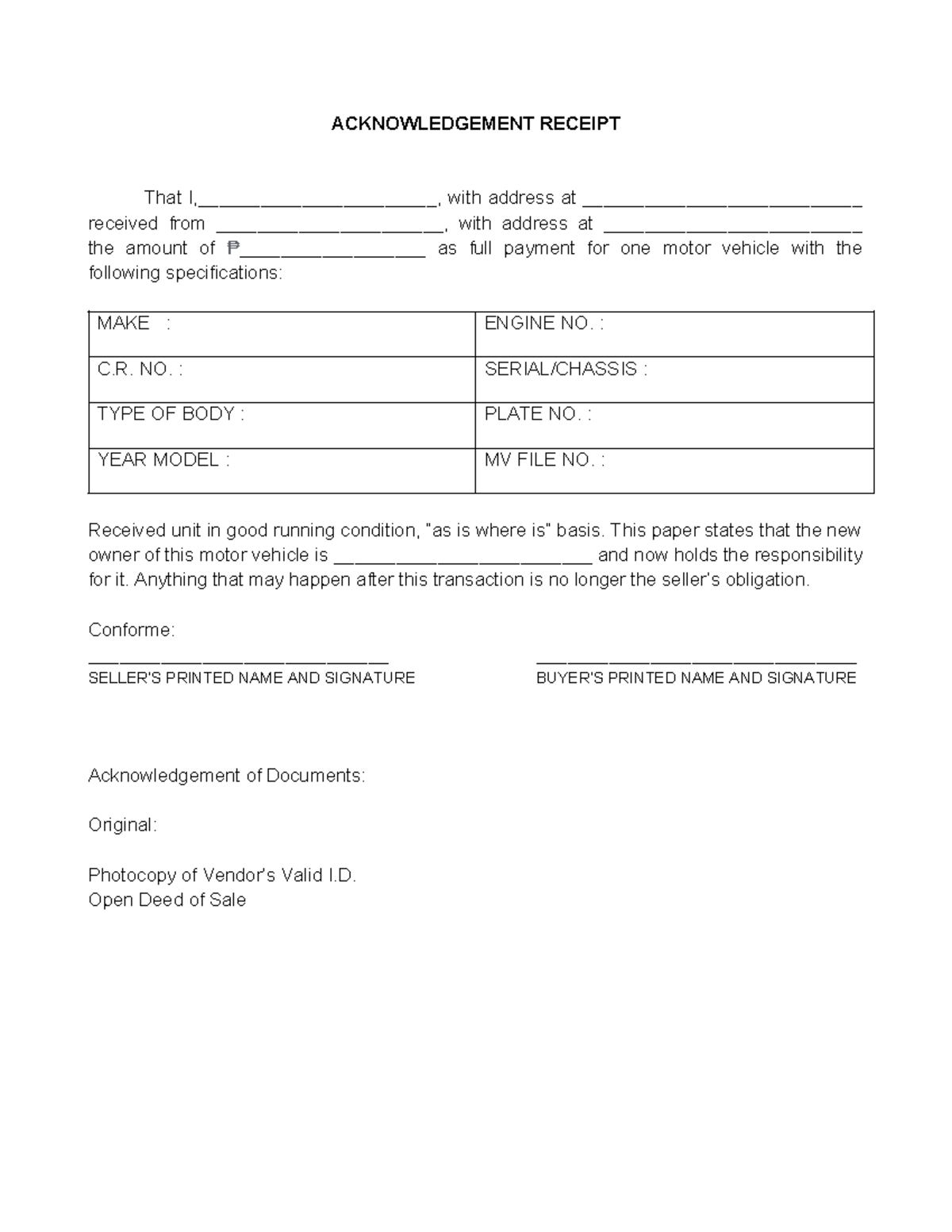 ACK. Receipt CAR - RTDWXC YUHB NJIBIT - ACKNOWLEDGEMENT RECEIPT That I