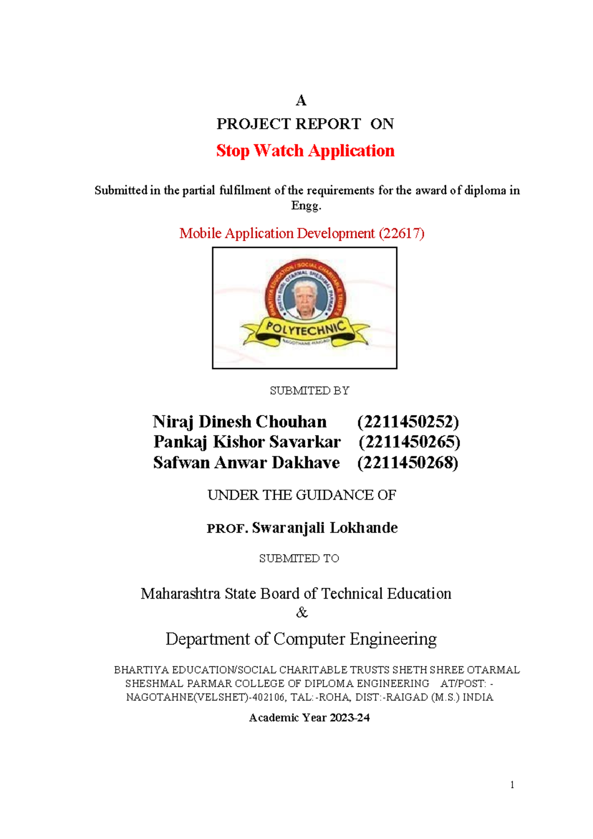 Mad mp - A PROJECT REPORT ON Stop Watch Application ####### Submitted ...