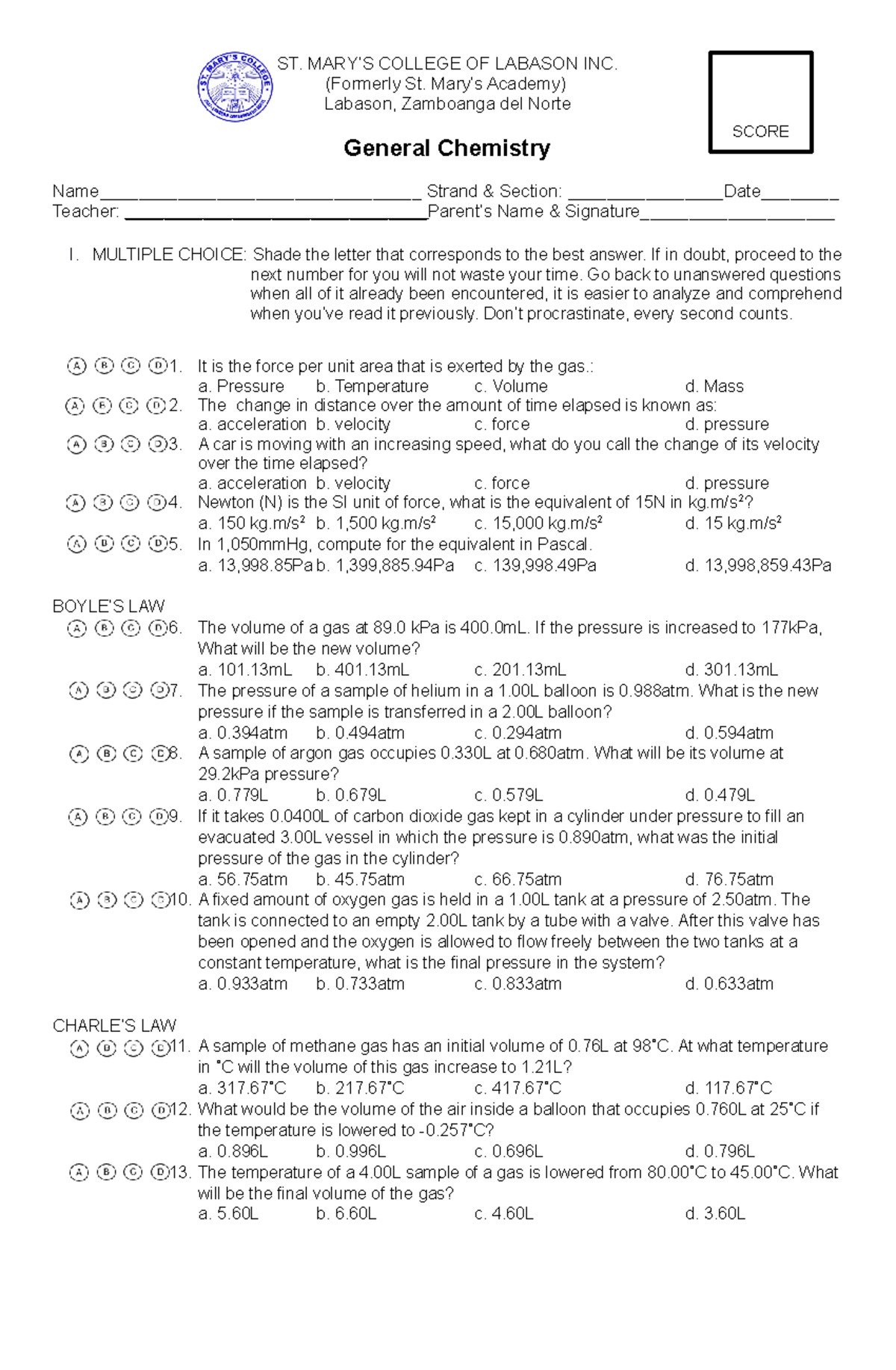 General Chemistry - Worksheet - ST. MARY’S COLLEGE OF LABASON INC ...