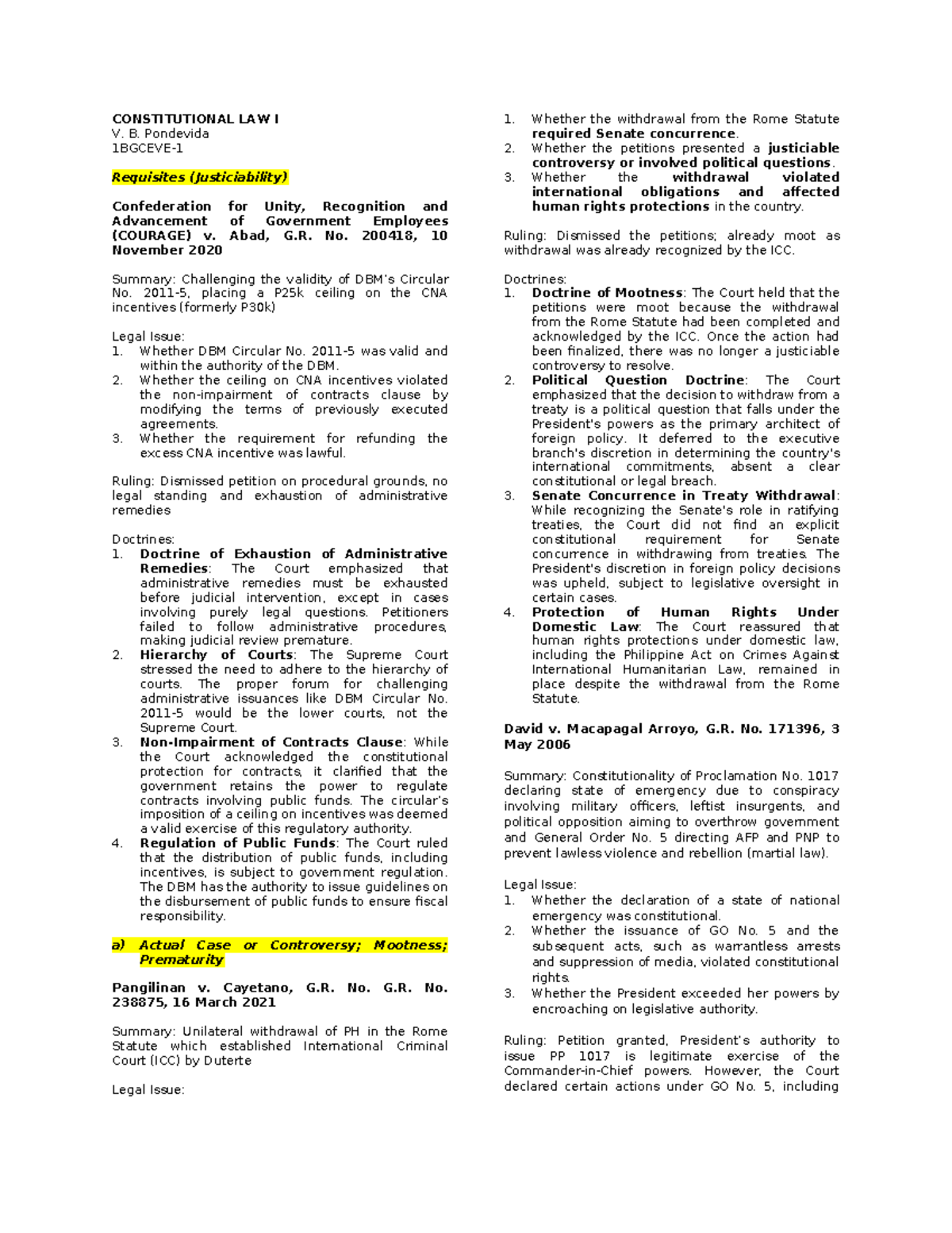 Cases Reviewer - CONSTITUTIONAL LAW I V. B. Pondevida 1BGCEVE ...