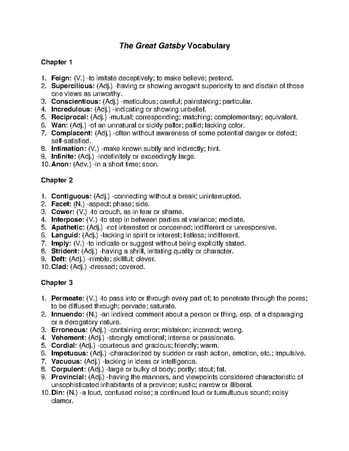 Great-gatsby-vocab - Vocabulary - The Great Gatsby Vocabulary Chapter 1 ...