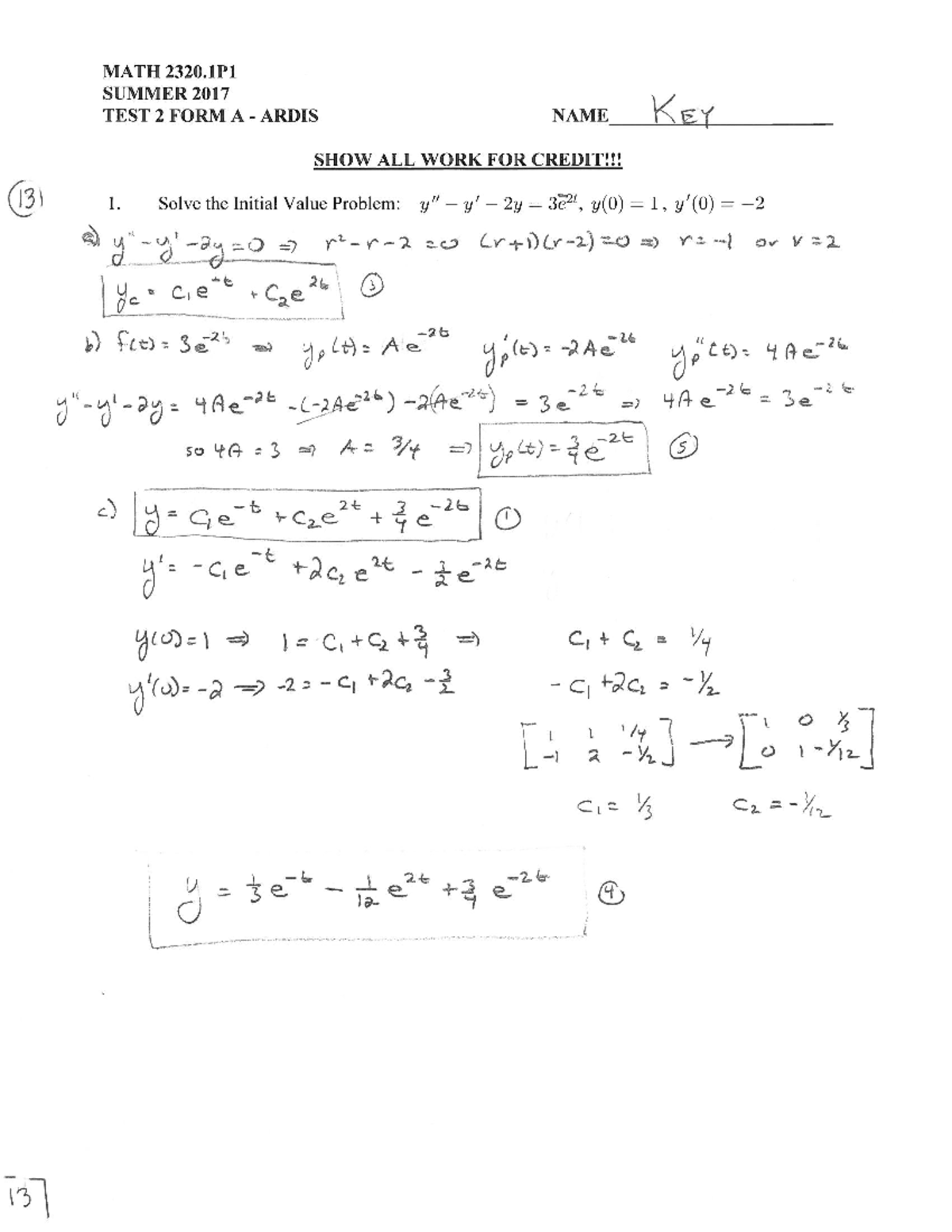 TEST 2 FORM A - MATH 2320 SUMMER 2017 TEST 2 FORM A - ARDIS NAME K [7 ...