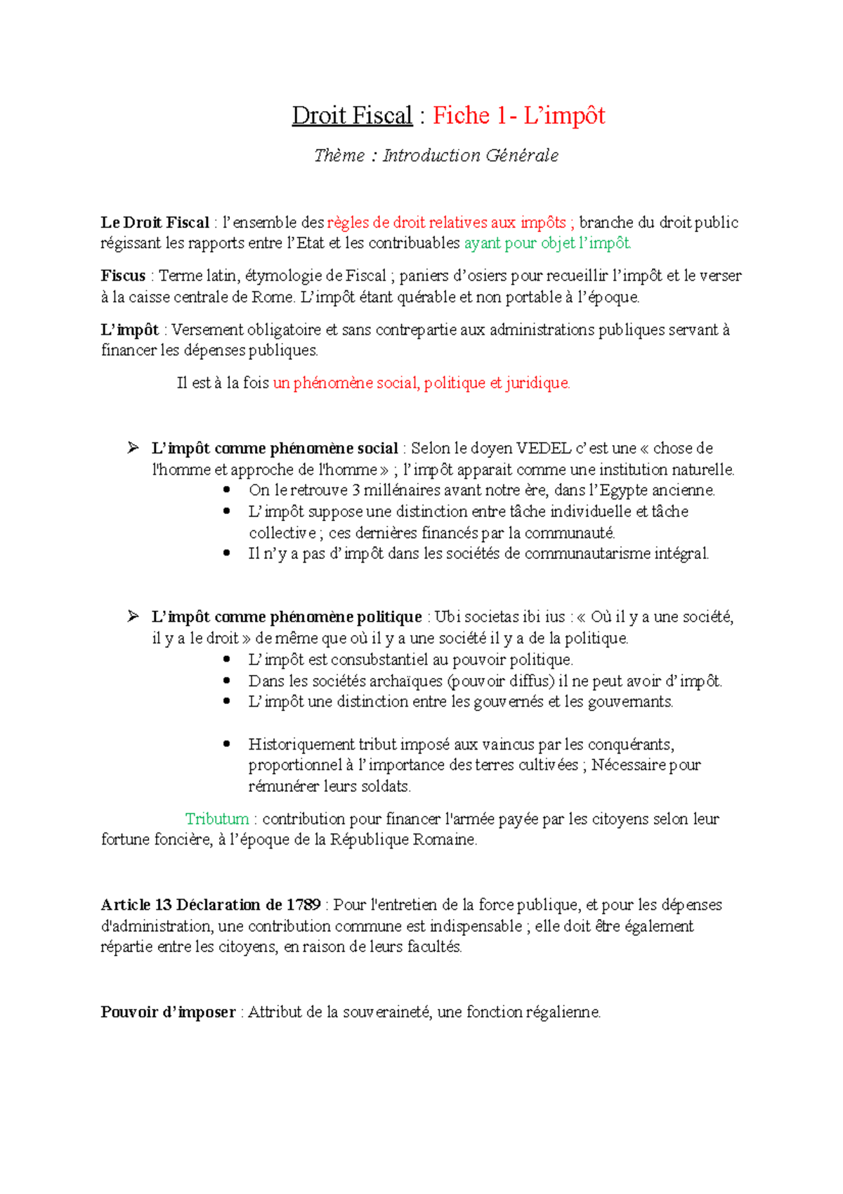 Droit Fiscal (Fiche 1, L’impôt) - Droit Fiscal : Fiche 1- L’impôt Thème ...