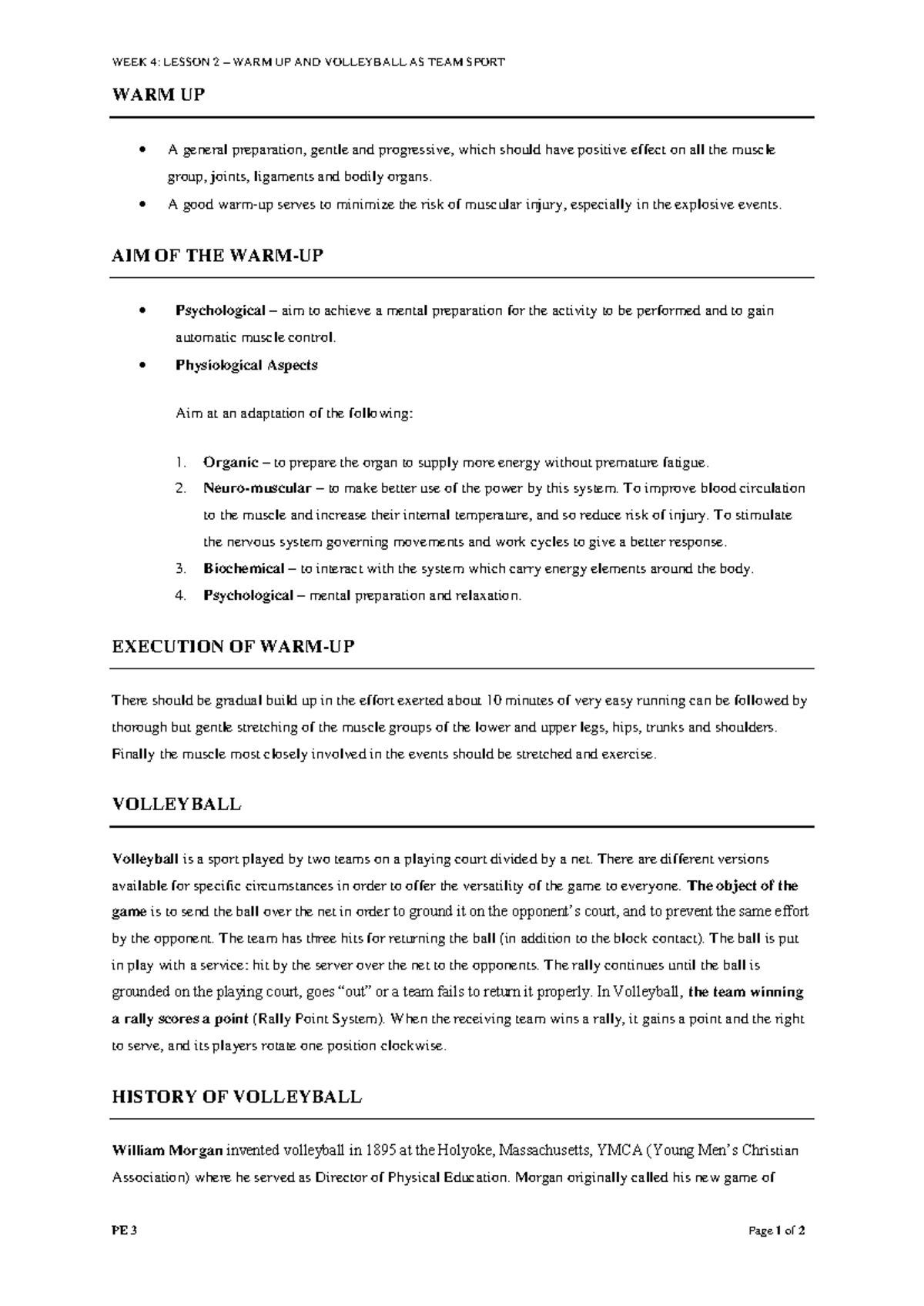 Physical Education - WEEK 4: LESSON 2 – WARM UP AND VOLLEYBALL AS TEAM ...