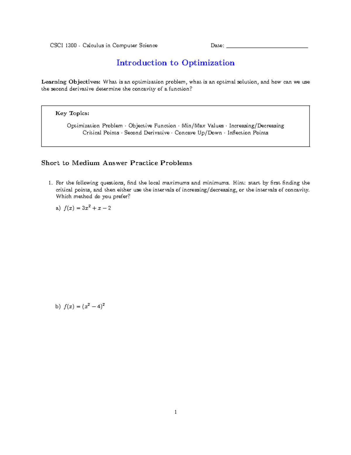 Introduction to Optimization - CSCI 1300 - Dal - Studocu