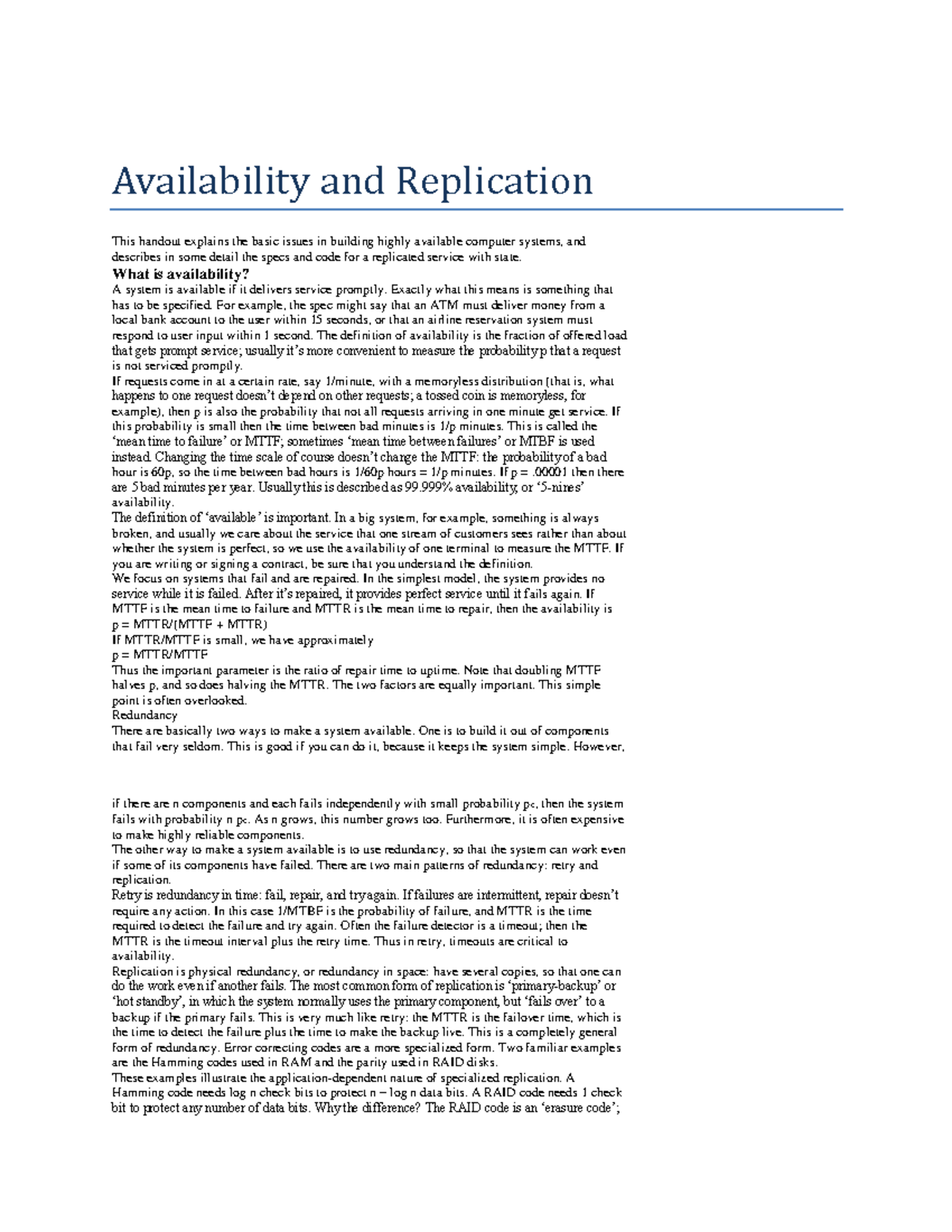 Availability and Replication - What is availability? A system is ...