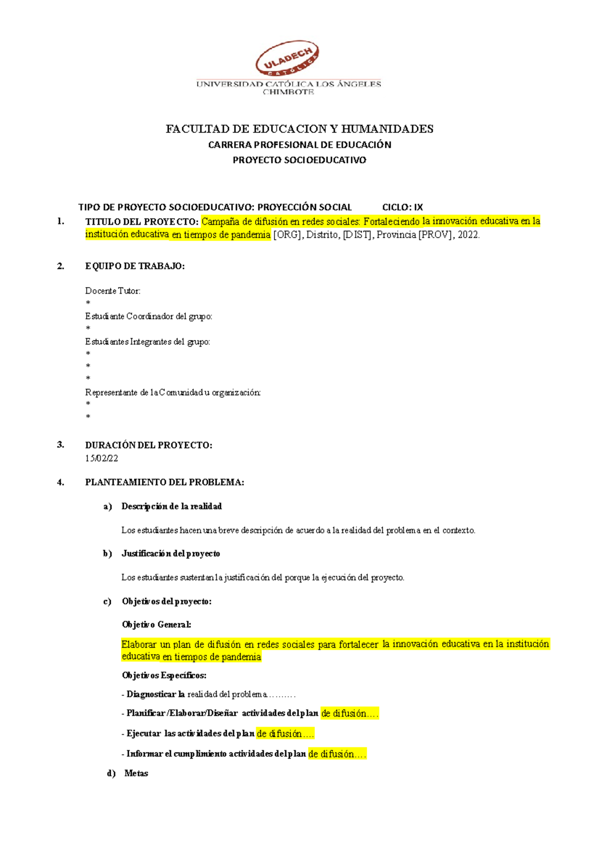 Proyecto Socioeducativo Ok Facultad De Educacion Y Humanidades