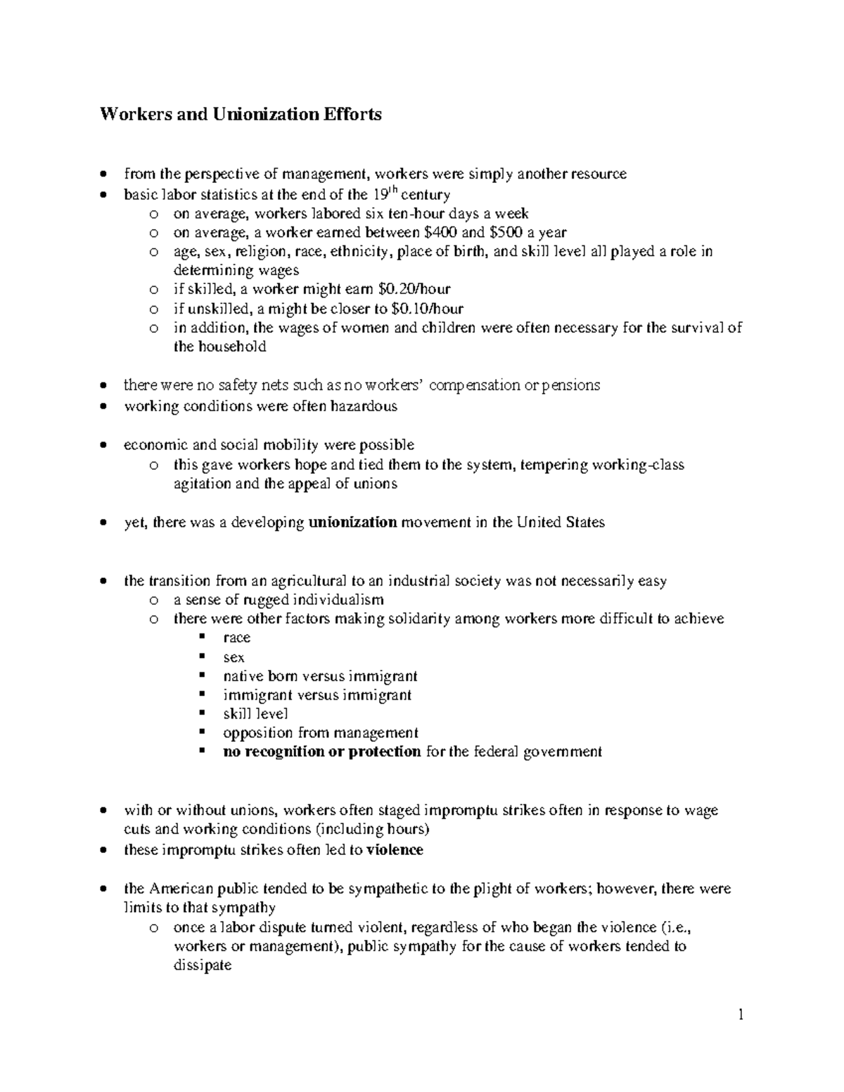 HIS 132 Workers and Unionization Efforts Notes - Workers and ...