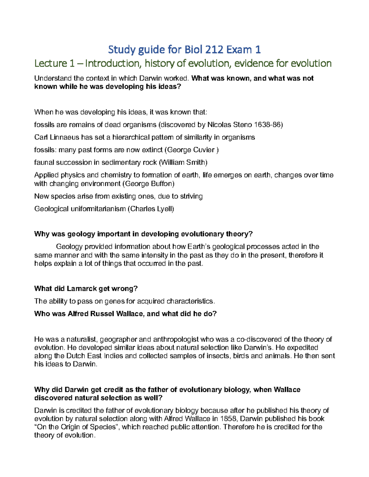Exam1-Study Guide Bio 212 - Study guide for Biol 212 Exam 1 Lecture 1 – Introduction, history of ...