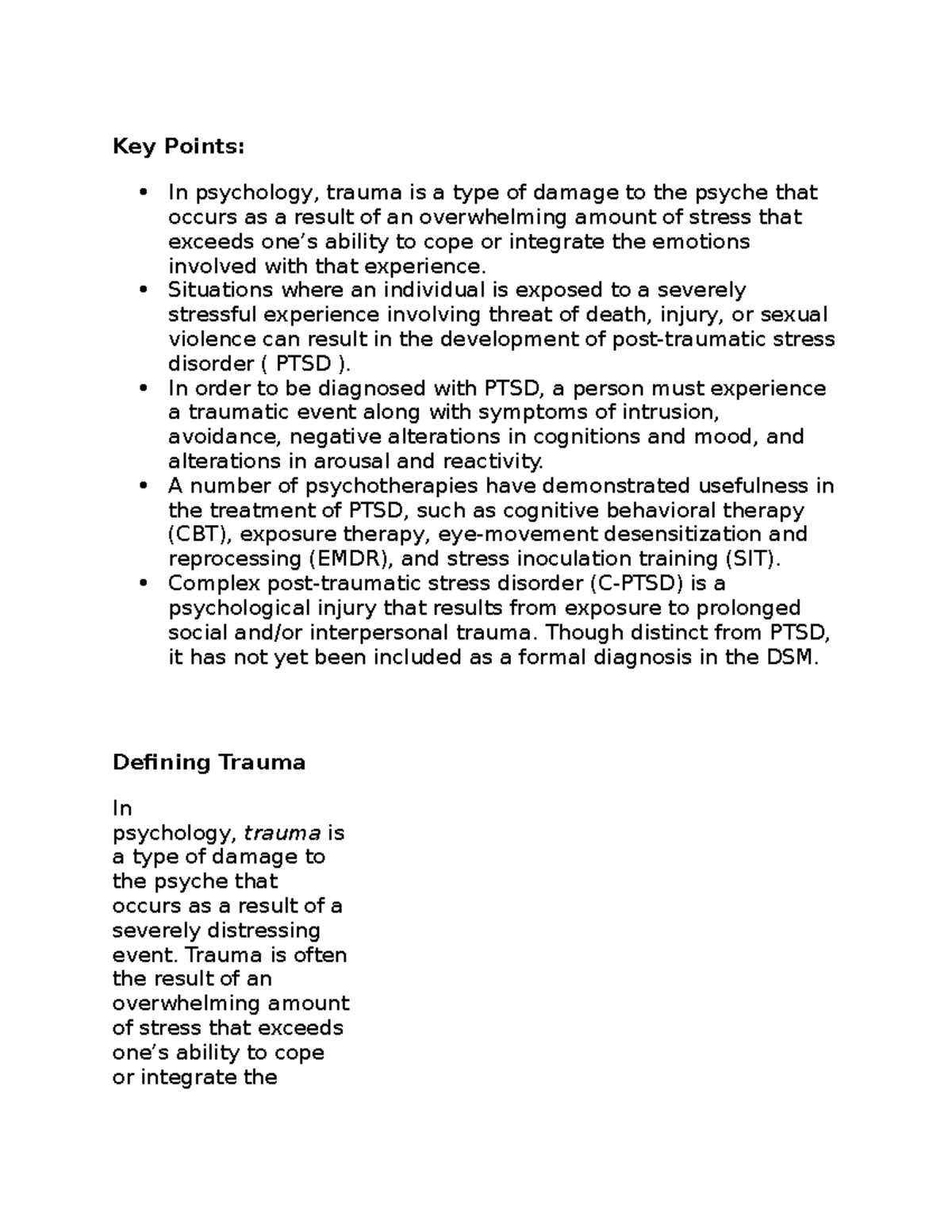 PTSD - PTSD notes - Key Points: In psychology, trauma is a type of ...