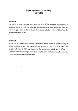 Tutorial 1 Problem Set - Flight Dynamics (MAE3404) Tutorial Problem 1 ...