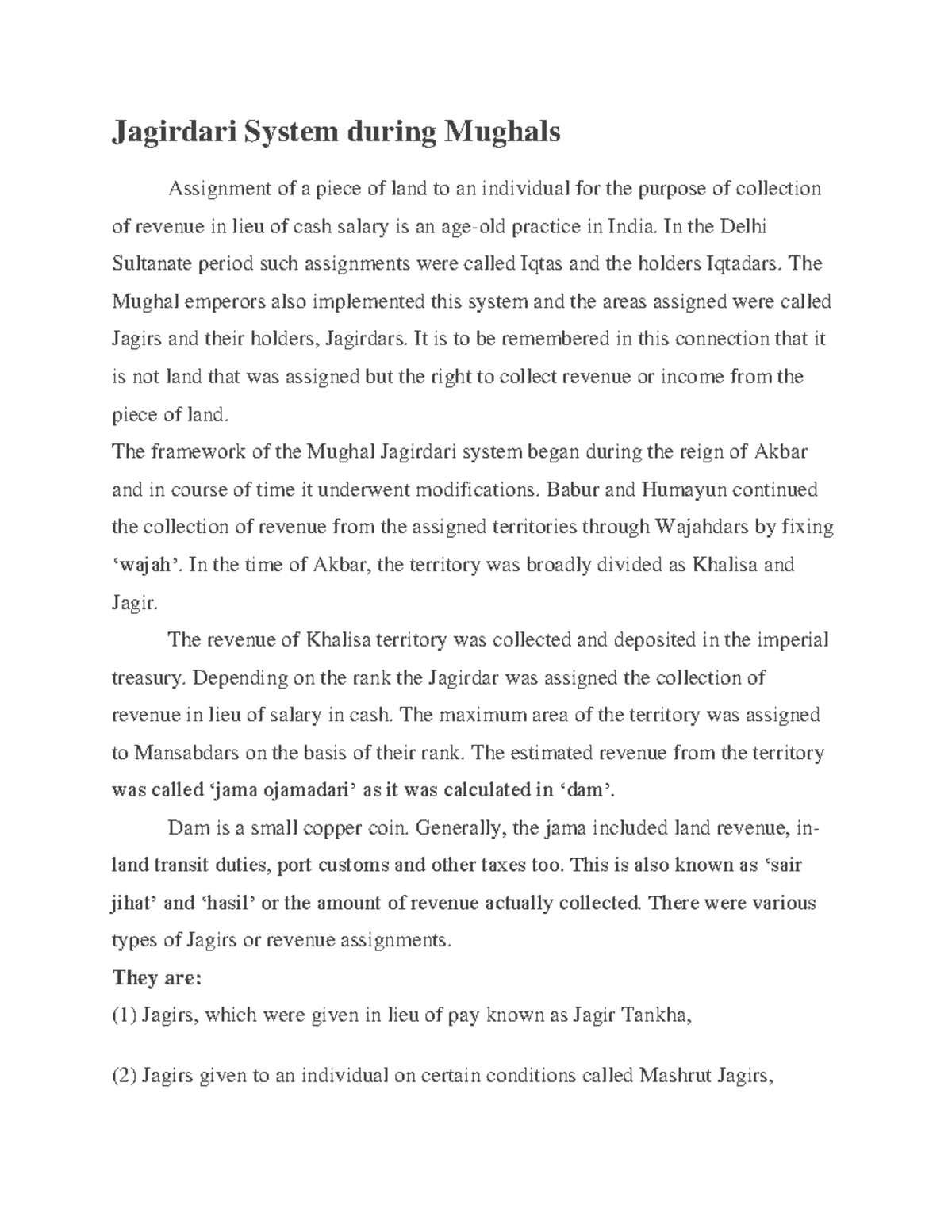 Jagirdari System during Mughals - Jagirdari System during Mughals ...