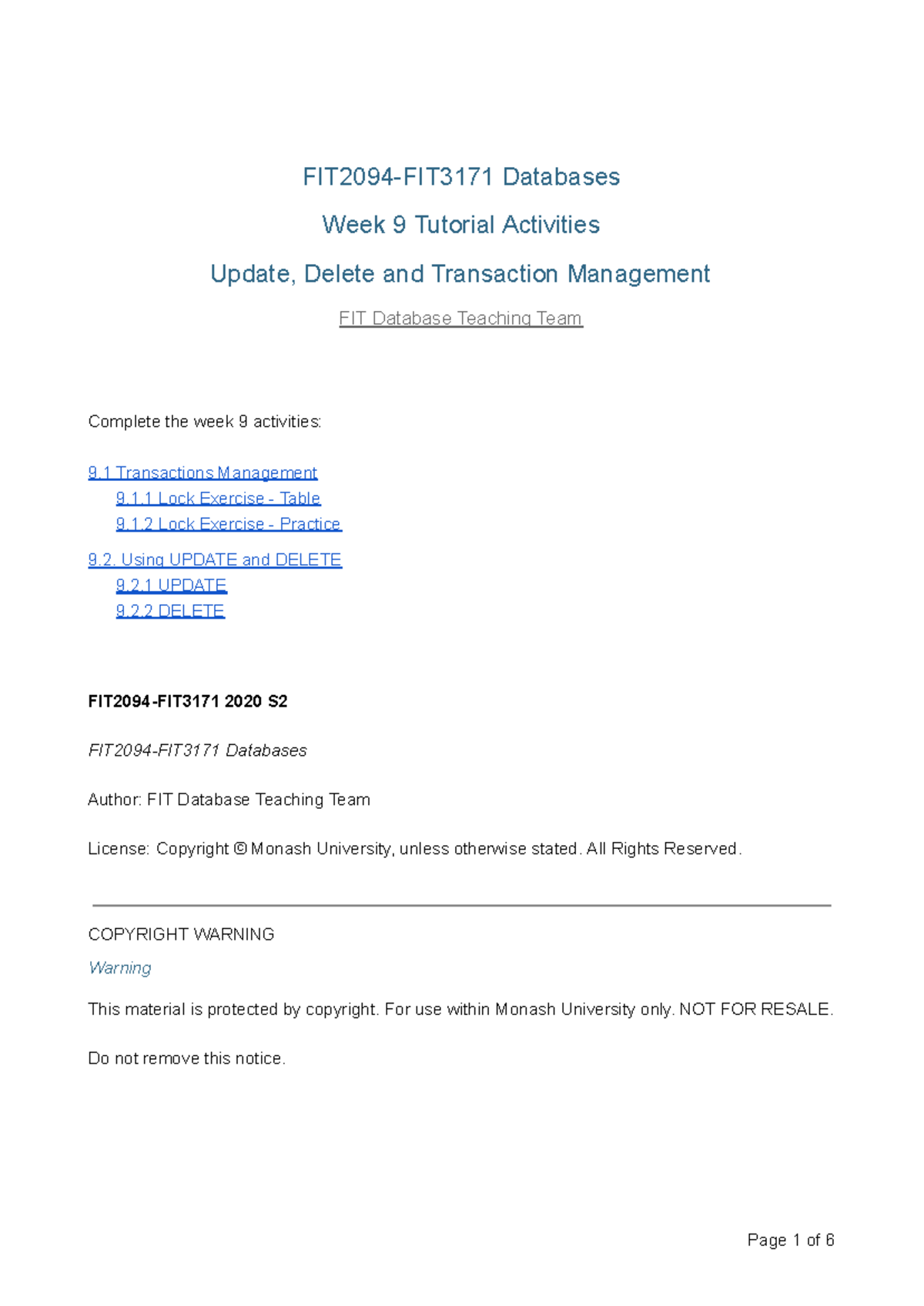 FIT2094-FIT3171 Tutorial 9 - 2020S2 - FIT2094-FIT3171 Databases Week 9 ...
