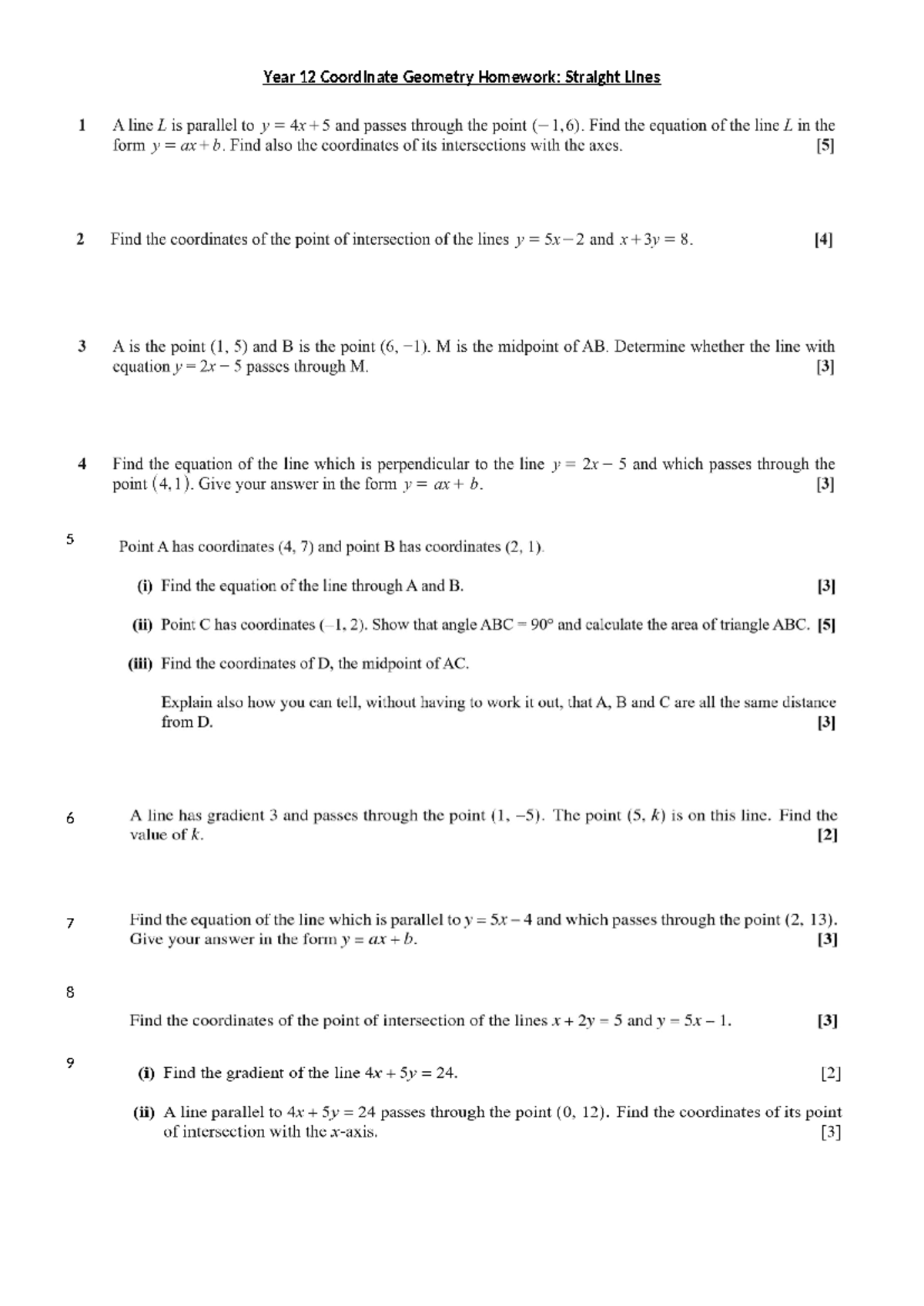 Year 12 Coordinate Geometry Straight Lines Homework - Year 12 ...