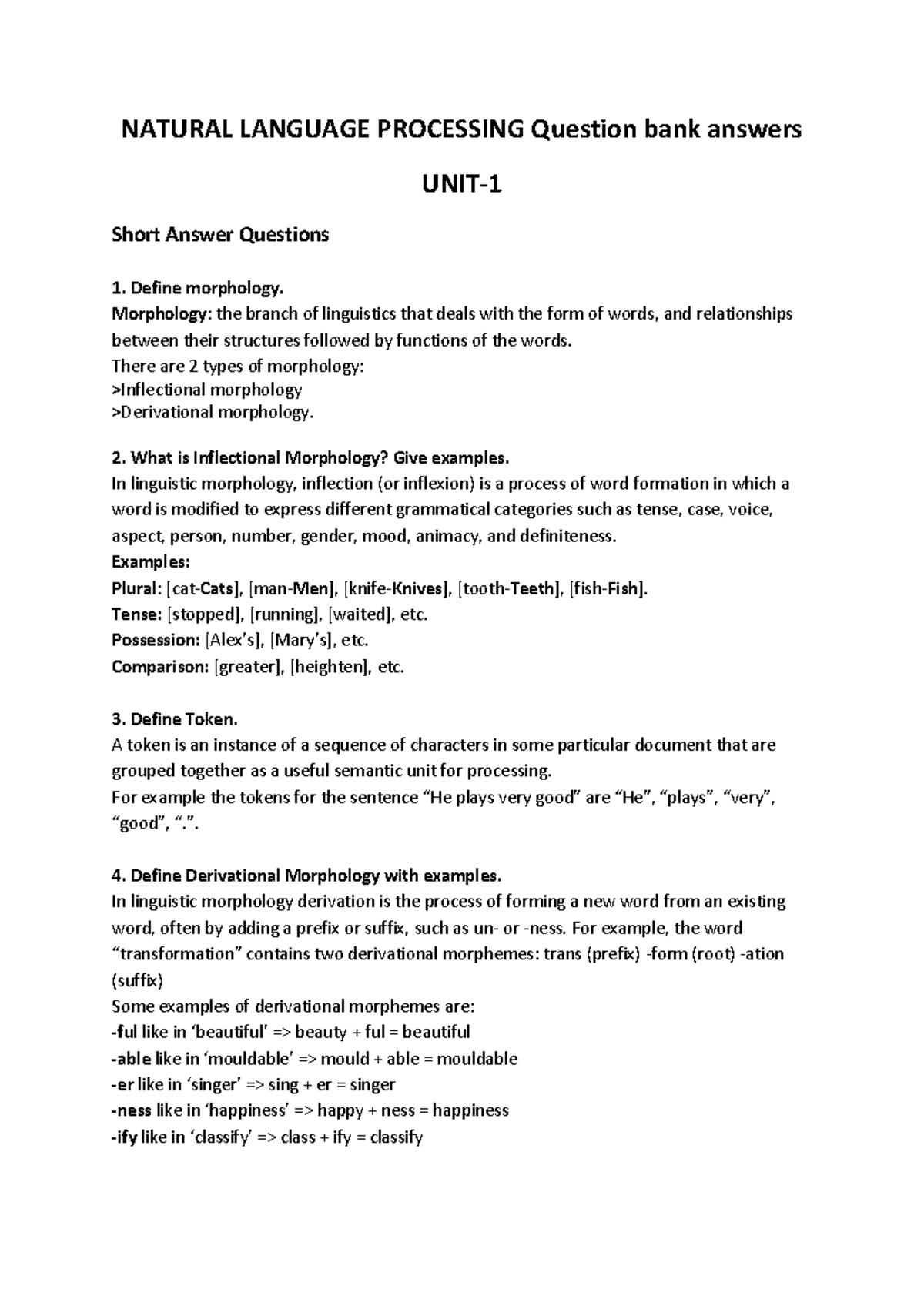 NLP UNIT 1 Q & A - nlp - NATURAL LANGUAGE PROCESSING Question bank answers UNIT- Short Answer ...