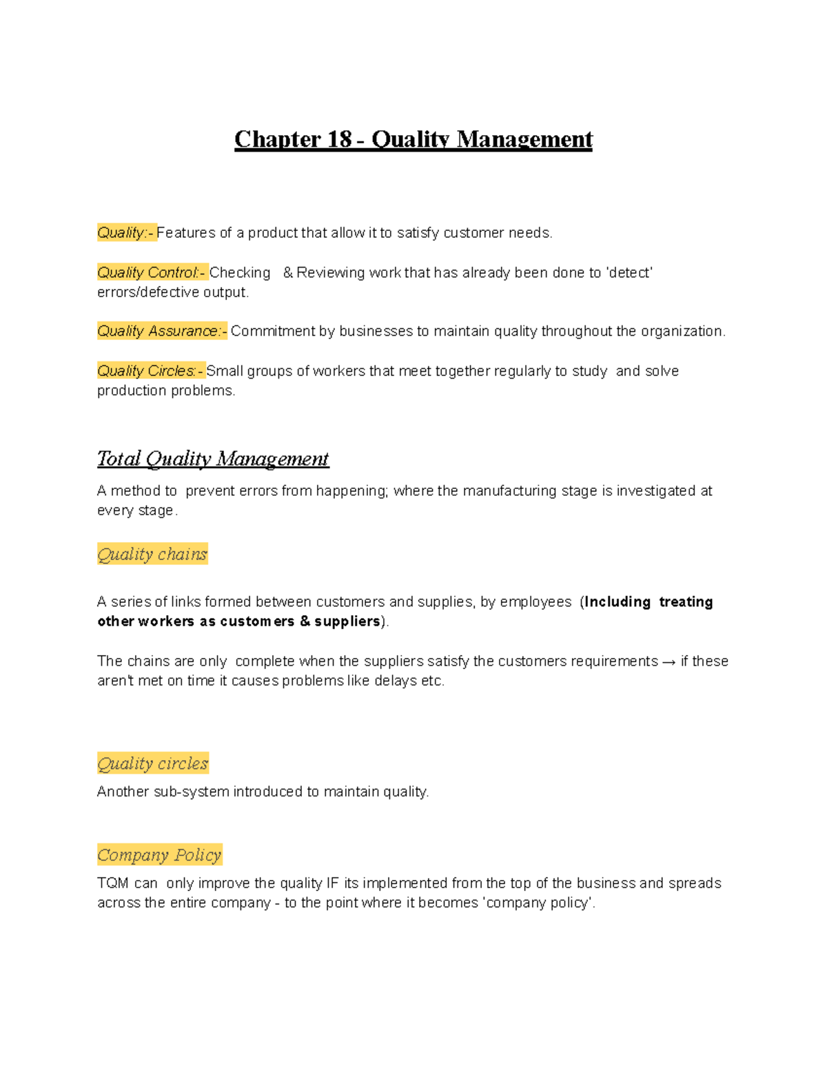 Business Shortnotes (Important Chapters Only) 01 - Quality Management ...